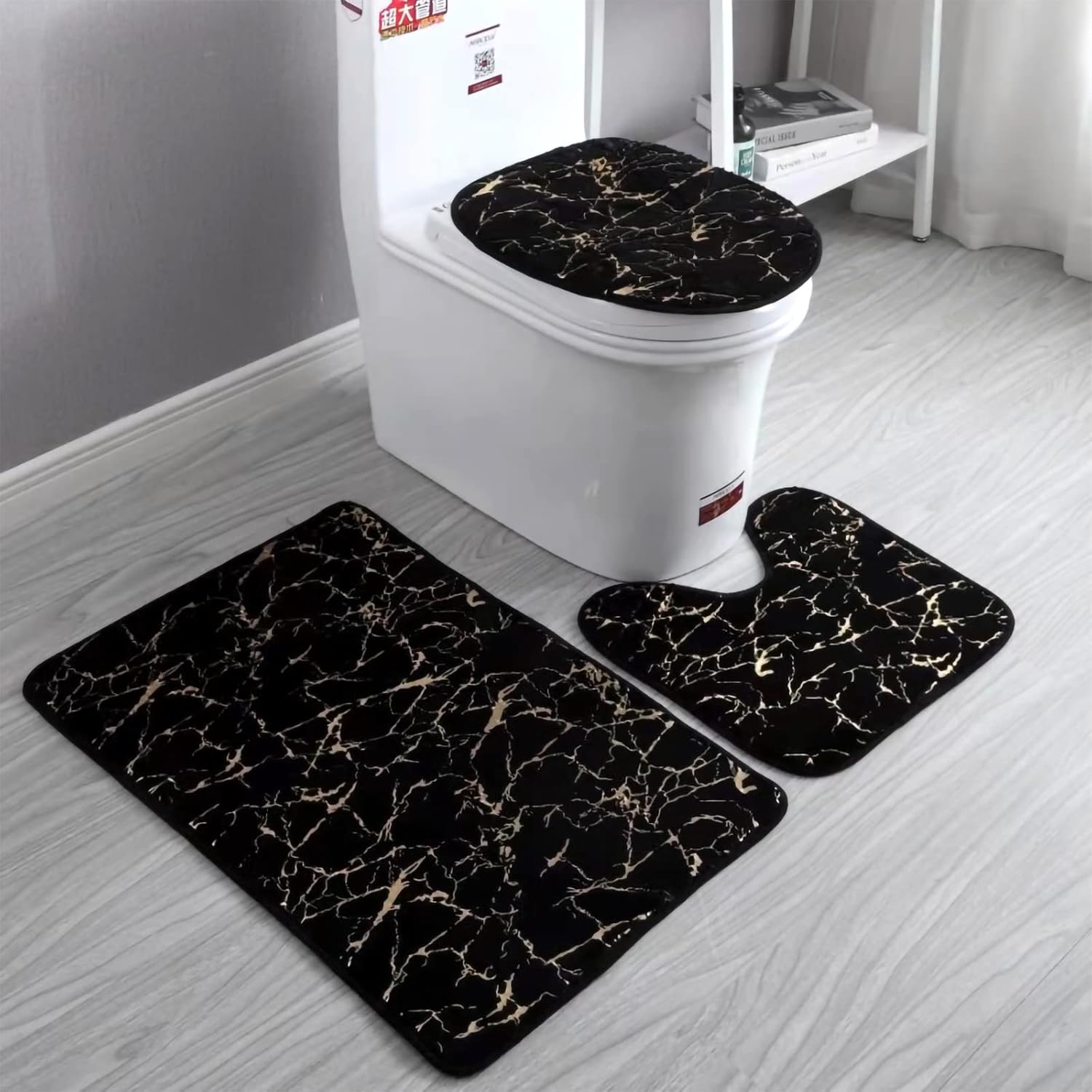 Amazon.com: Marble Bathroom Rugs and Mats Set 3 Piece Nonslip Black ...