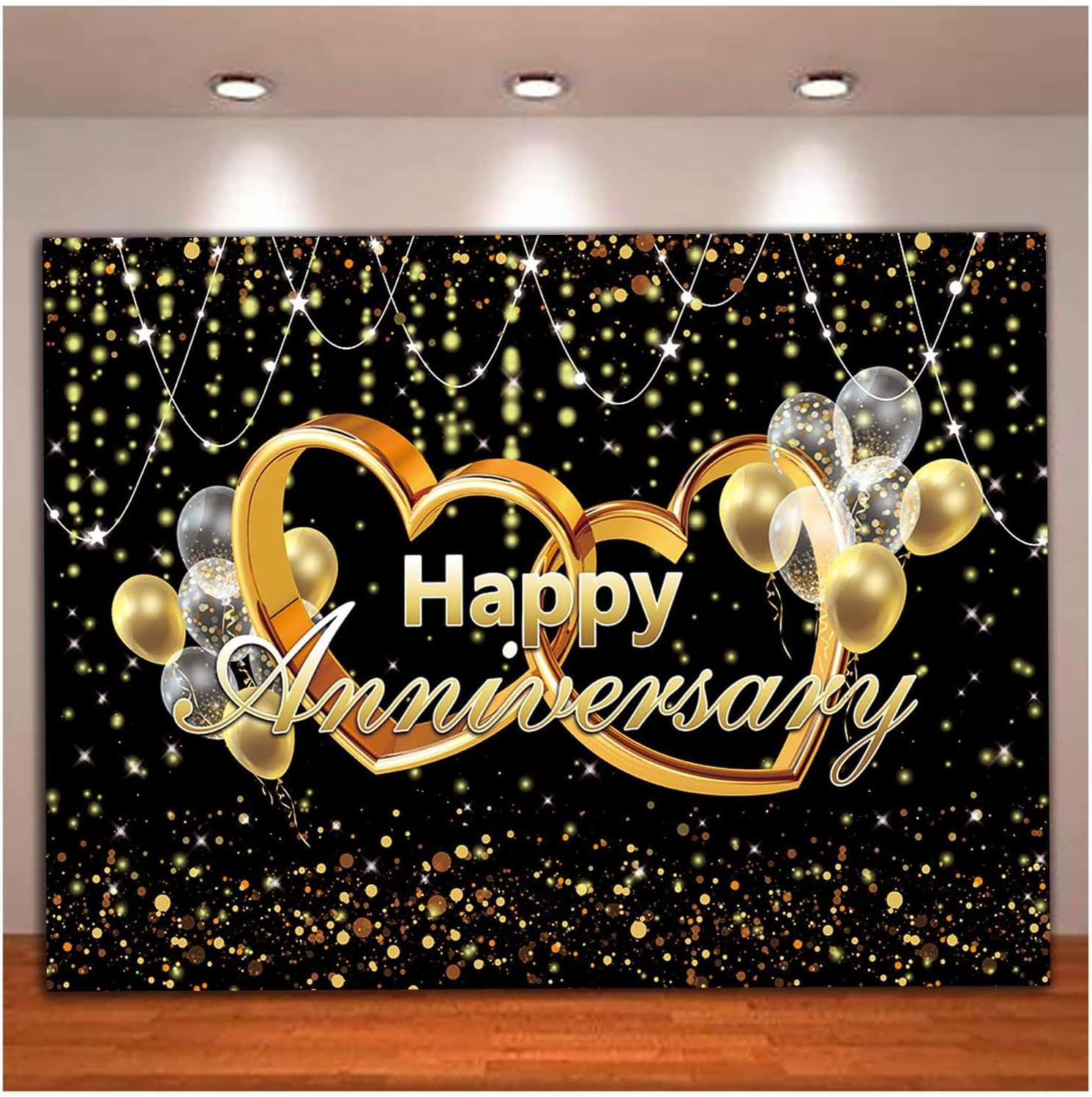 Amazon.com : Happy Anniversary Backdrop Black and Gold Balloons ...