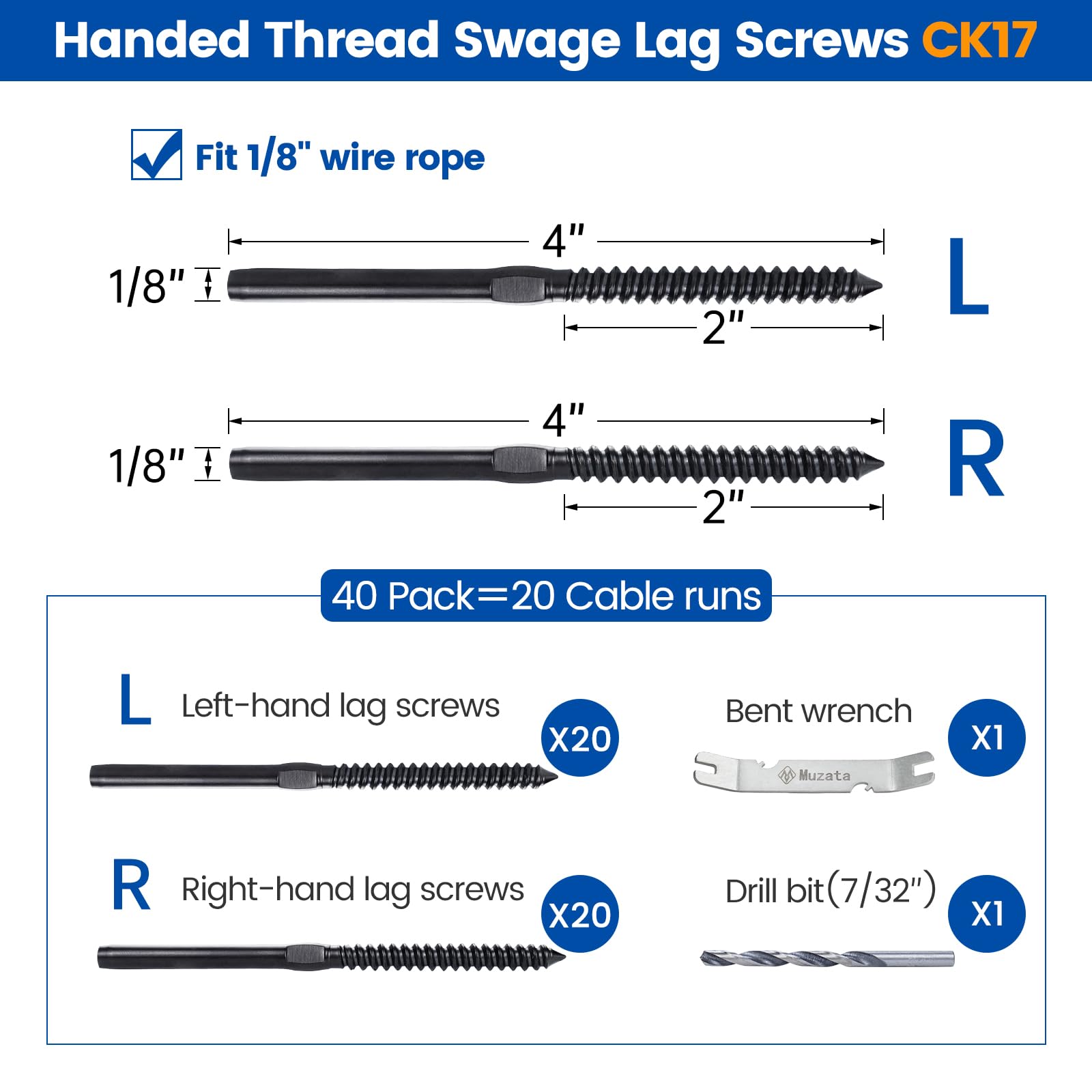 Snapklik.com : 40 Pack 1/8" Black Cable Railing Hardware Kit Swage Lag ...