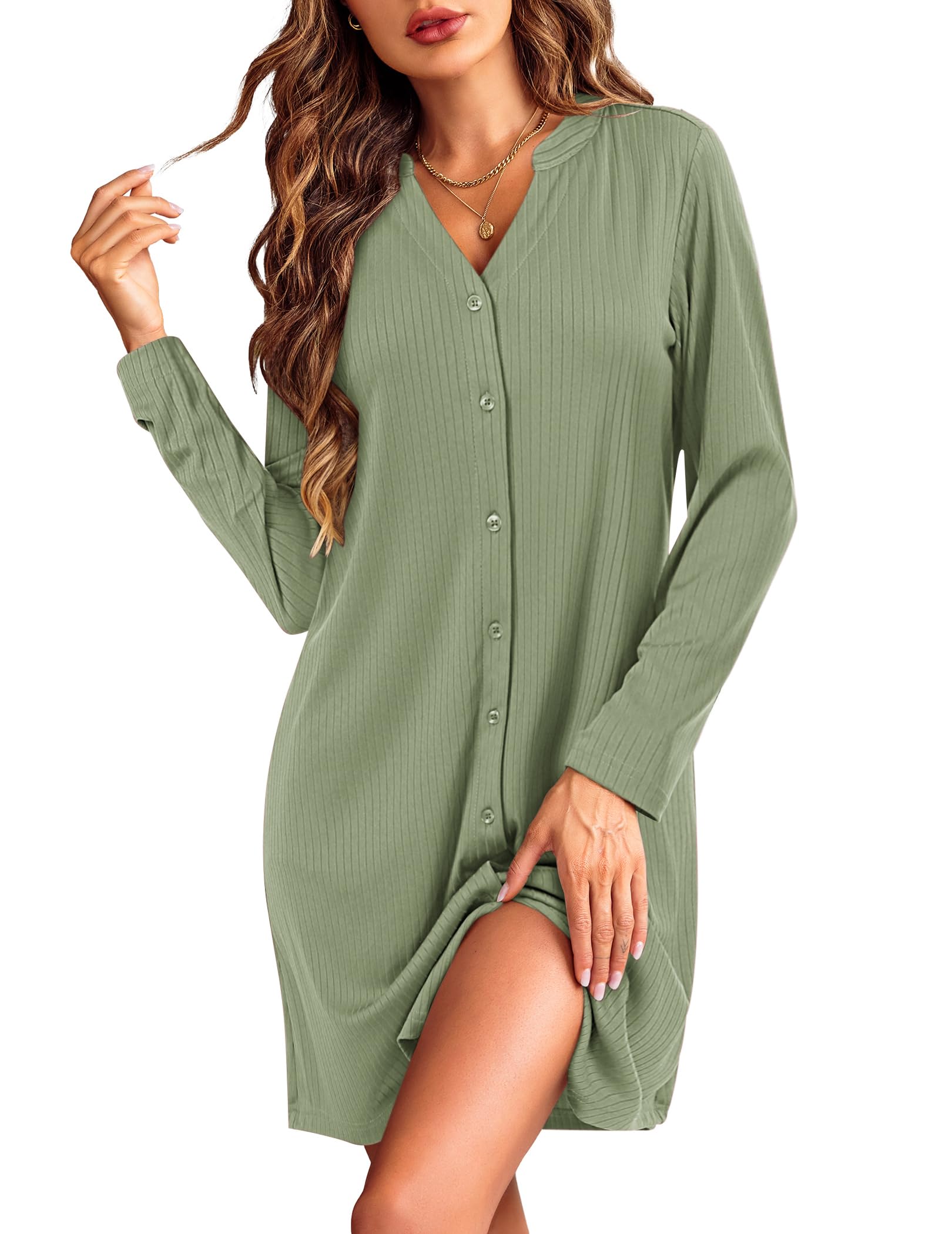 Ekouaer Nightgowns for Women Button Down Night Shirt Long Sleeve Ribbed ...