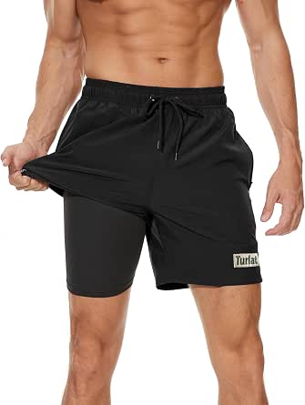 TURLAT Grey Mens Swim Trunks with Compression Liner 5" Quick Dry ...