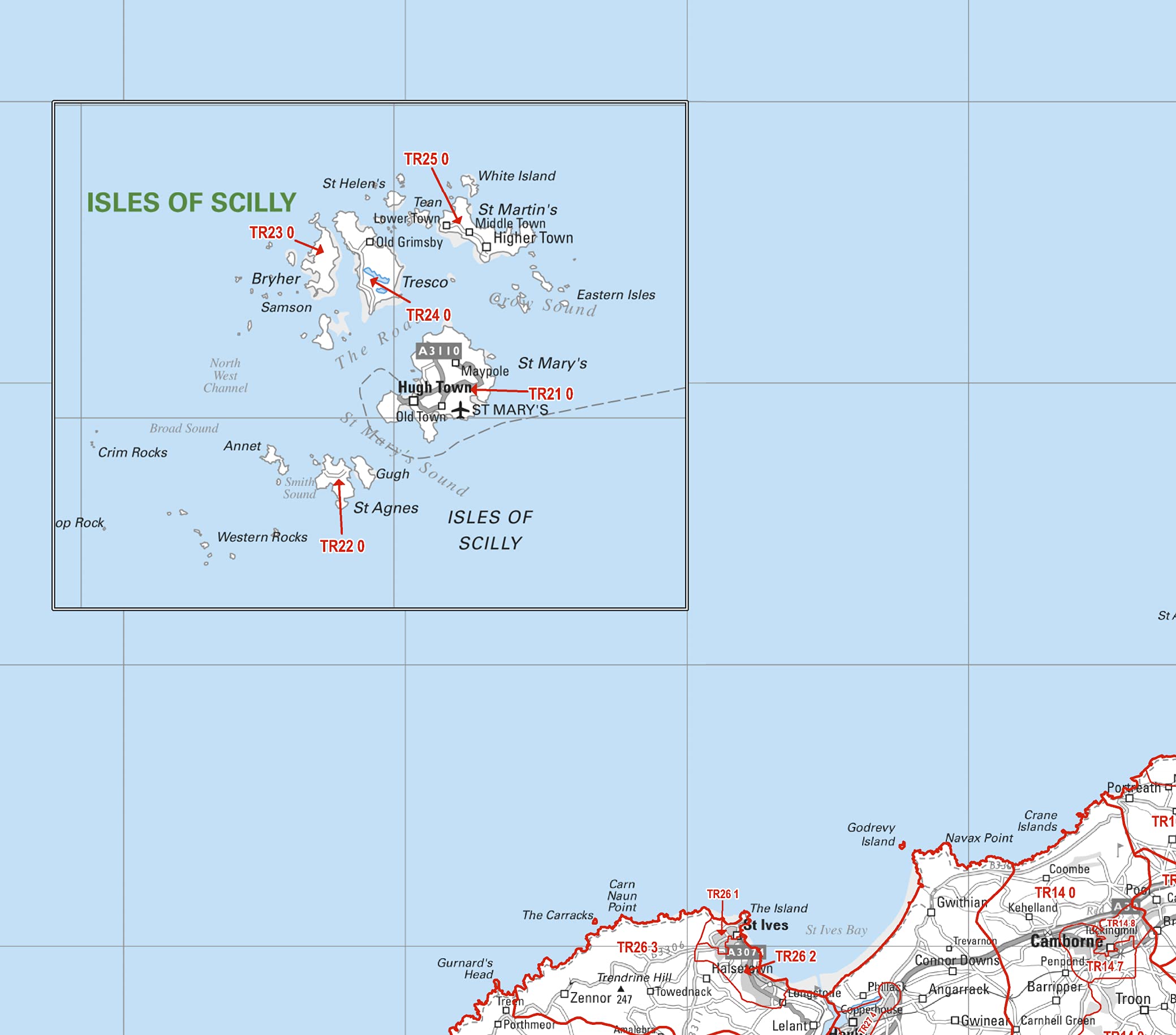 Childrens Wall Map Postcode Sector Map 1 Cornwall & Scilly Isles ...