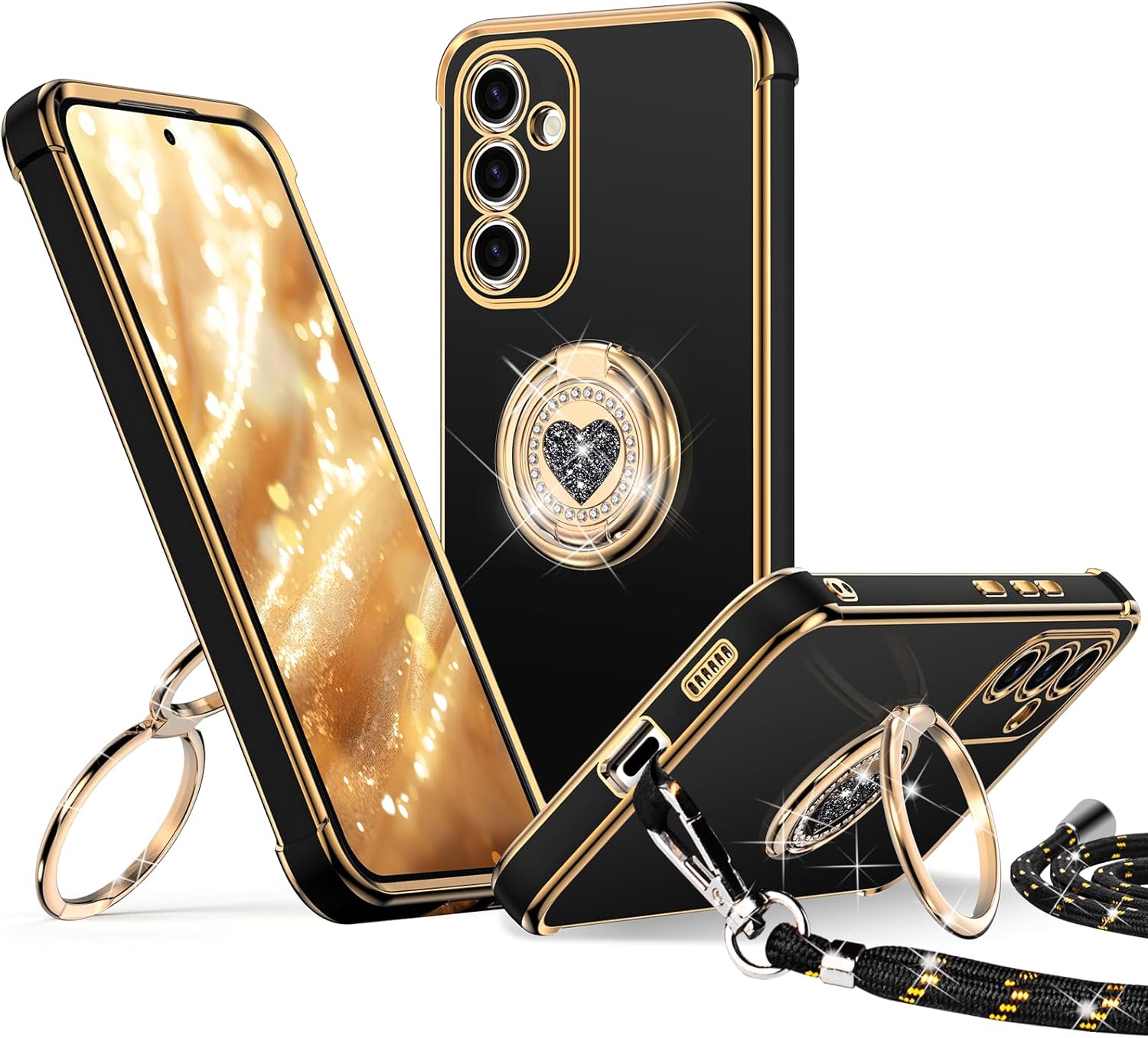 XYZ for Samsung Galaxy S24 Case with Stand, Galaxy S24 Phone Case with Double Ring Heart with ...