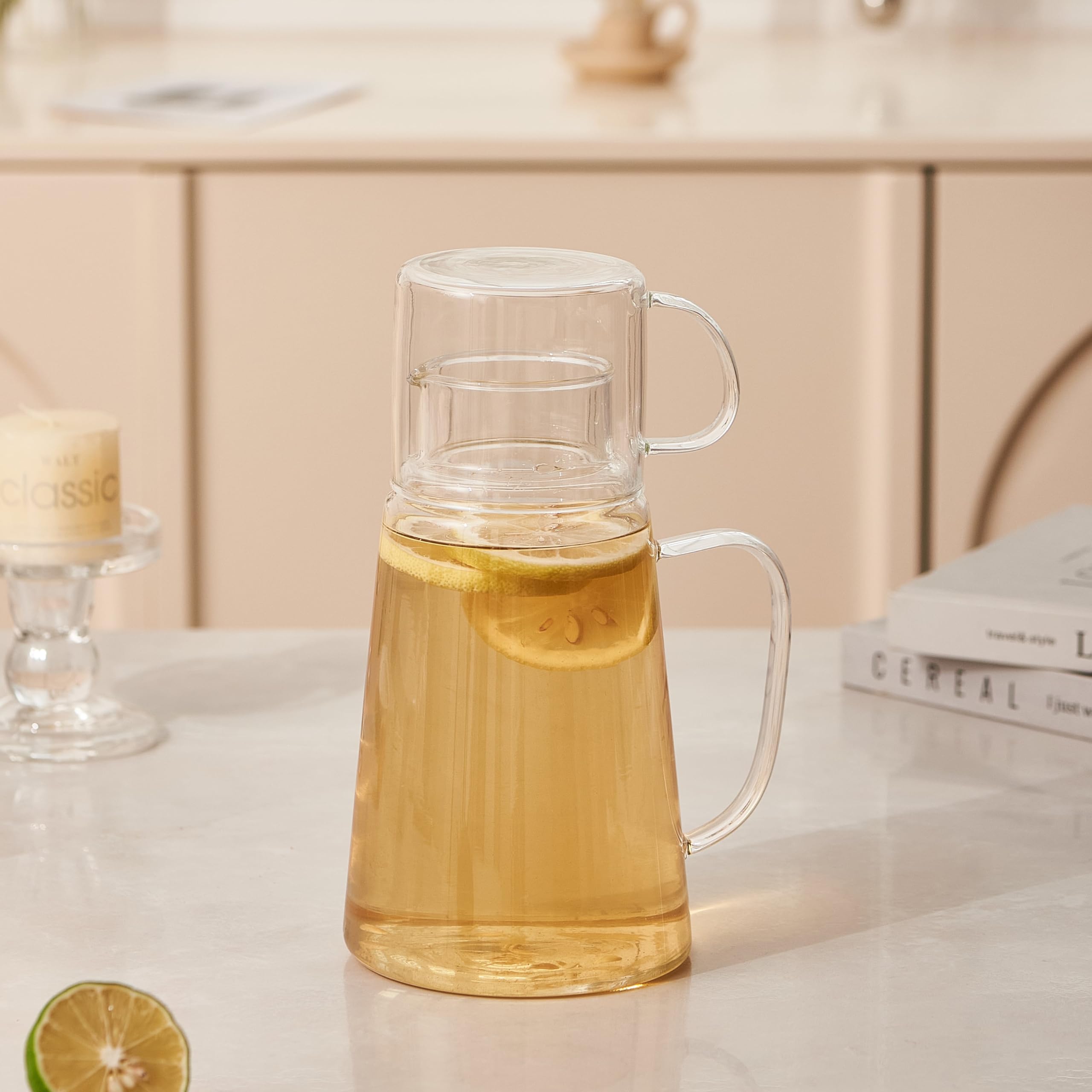 Eden & Willow Borosilicate Glass Water Jug and Cup Set with Lid - 1.2L ...