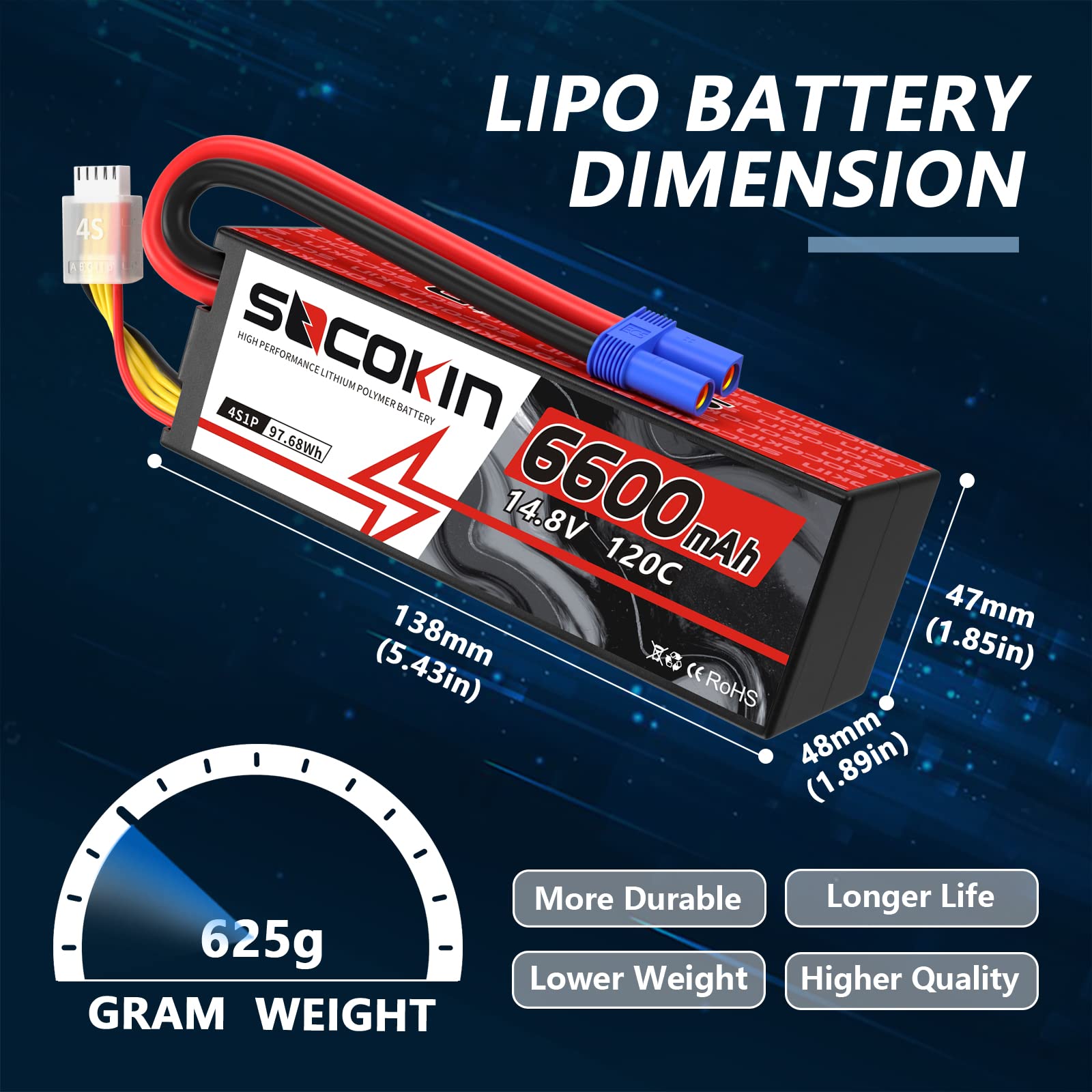 Socokin 4S Lipo Battery 6600mAh 14.8V 120C with EC5 Connector Hard Case for RC Car Truck Tank RC ...
