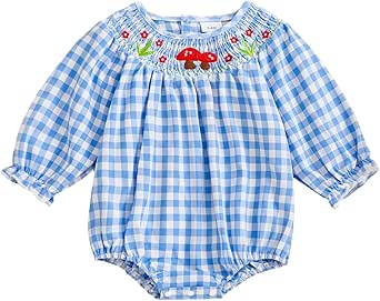 Amazon.com: Licupiee Infant Girls Smocked Mushroom Romper Long Sleeve Embroidery Flower Gingham ...