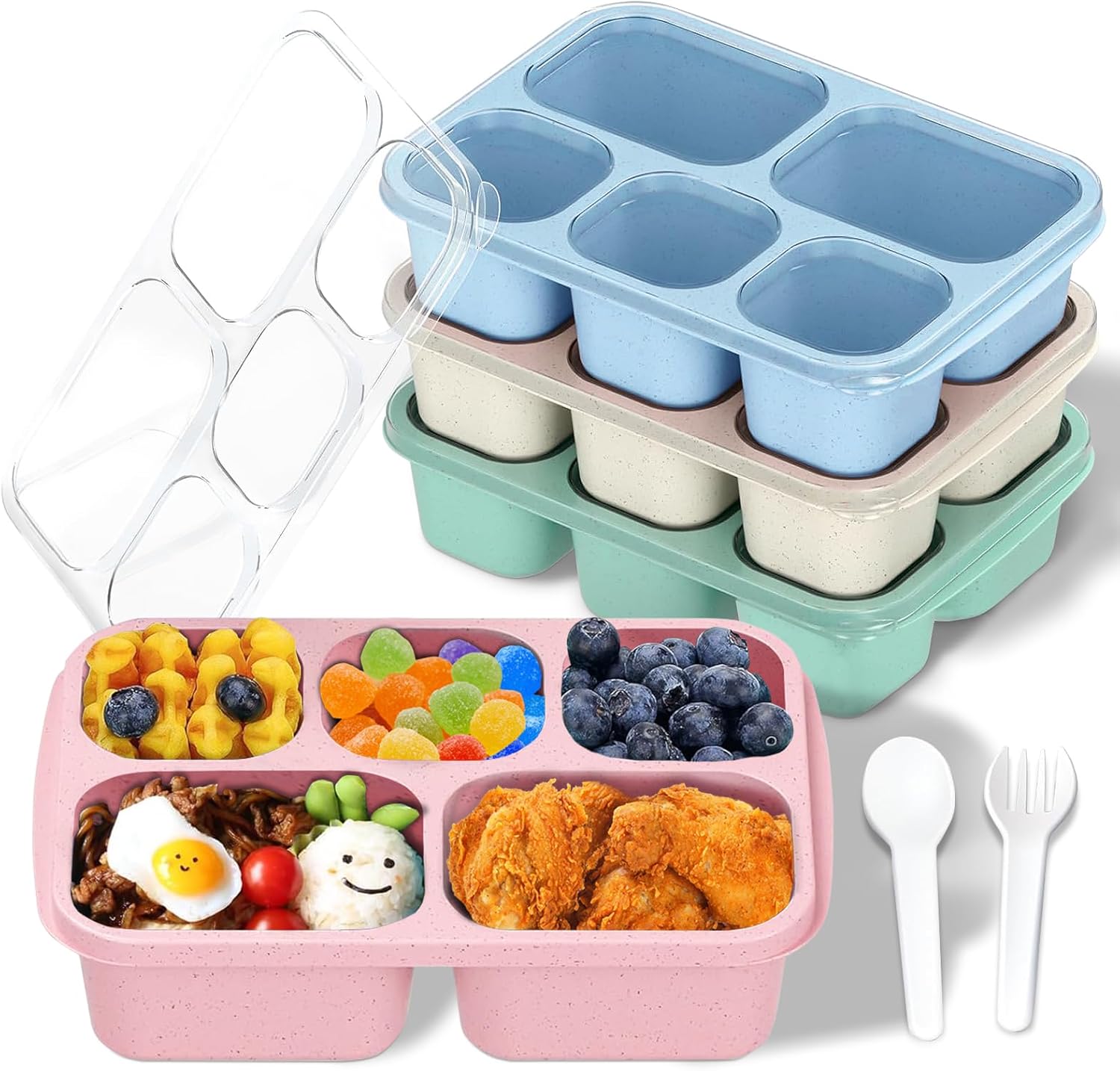 Yoniko Bento Lunch Box - 4 Pack, 5 Compartments Bento Snack Boxes for Kids and Adults, Reusable ...
