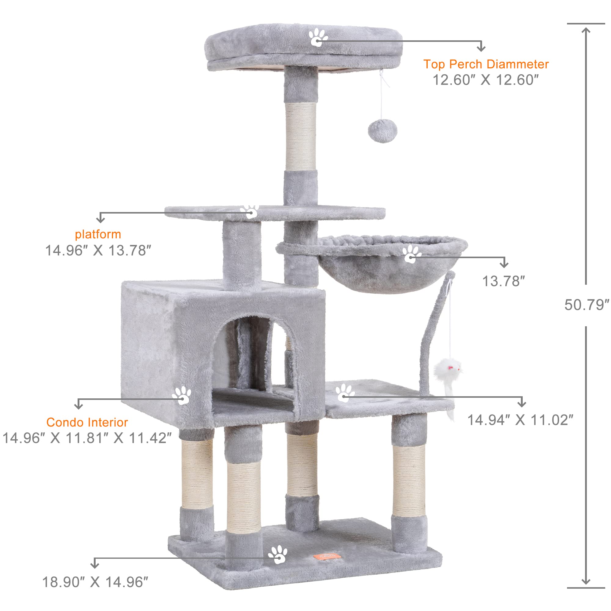 Heybly Cat Tree with Toy, 51 inches Cat Tower condo for Indoor Cats ...