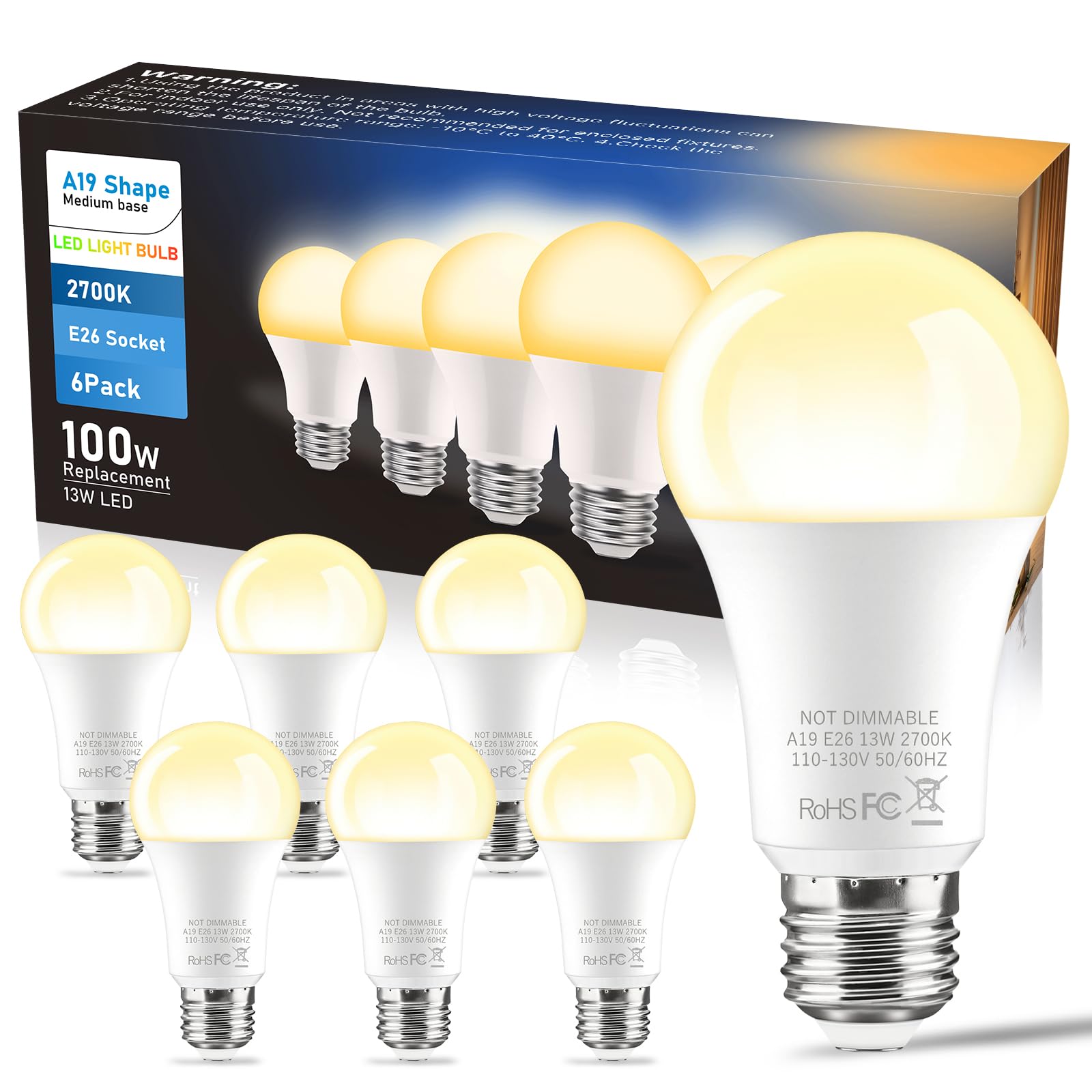 BTBHIHO 6-Pack A19 LED Light Bulbs 100W Equivalent 1250 Lumens, 13W ...