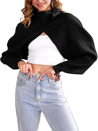 Wyeysyt Bolero Sweater for Women Turtleneck Cropped Knit Shrug Long ...