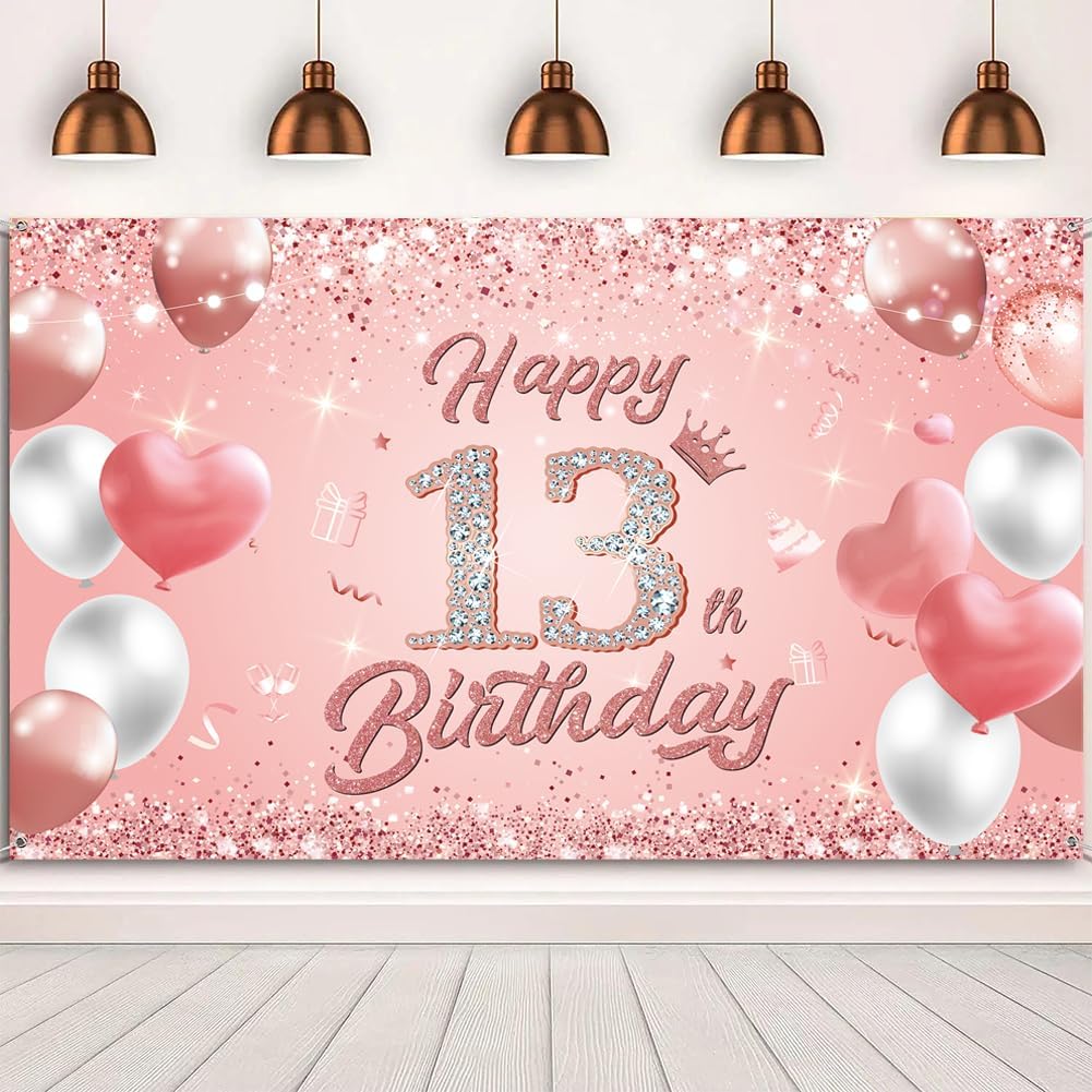 Happy 13th Birthday Banner Rose Gold 1.1 x 1.8m Happy 13th Birthday ...