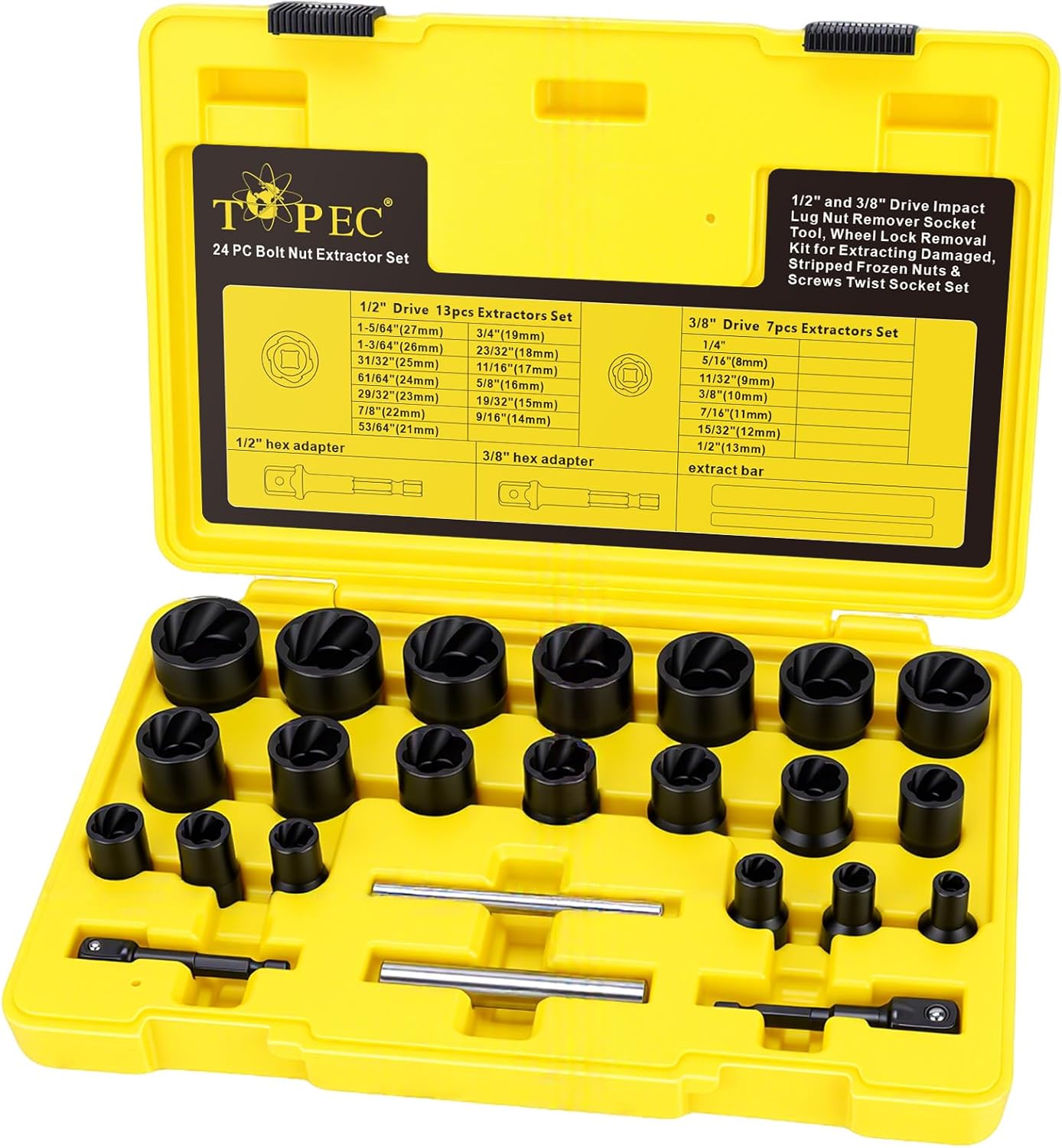 Topec Bolt Extractor Kit, 24PCS Stripped Bolt & Nut Extractor Socket ...