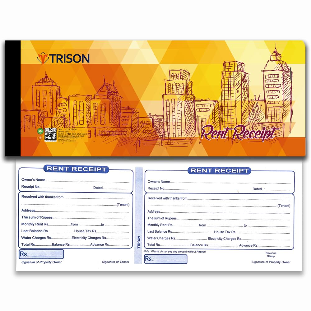 Trison Rent Receipt Book with Counterfoil | 50 Sheets | 11x28 cm ...