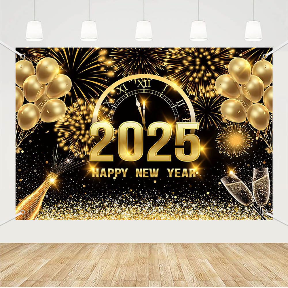 3pcs MEHOFOND 8x6ft Black and Gold 2025 Happy New Year Backdrop Cheers ...