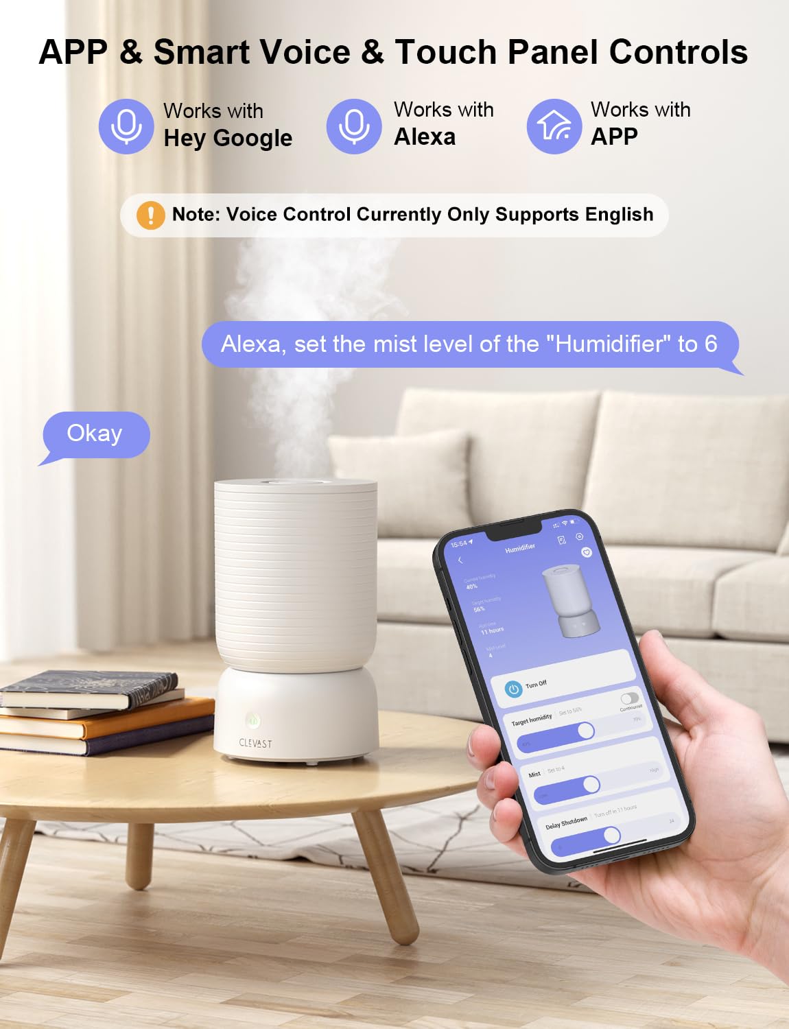 CLEVAST Smart Humidifiers for Bedroom, Top Fill 3L Cool Mist Quiet ...