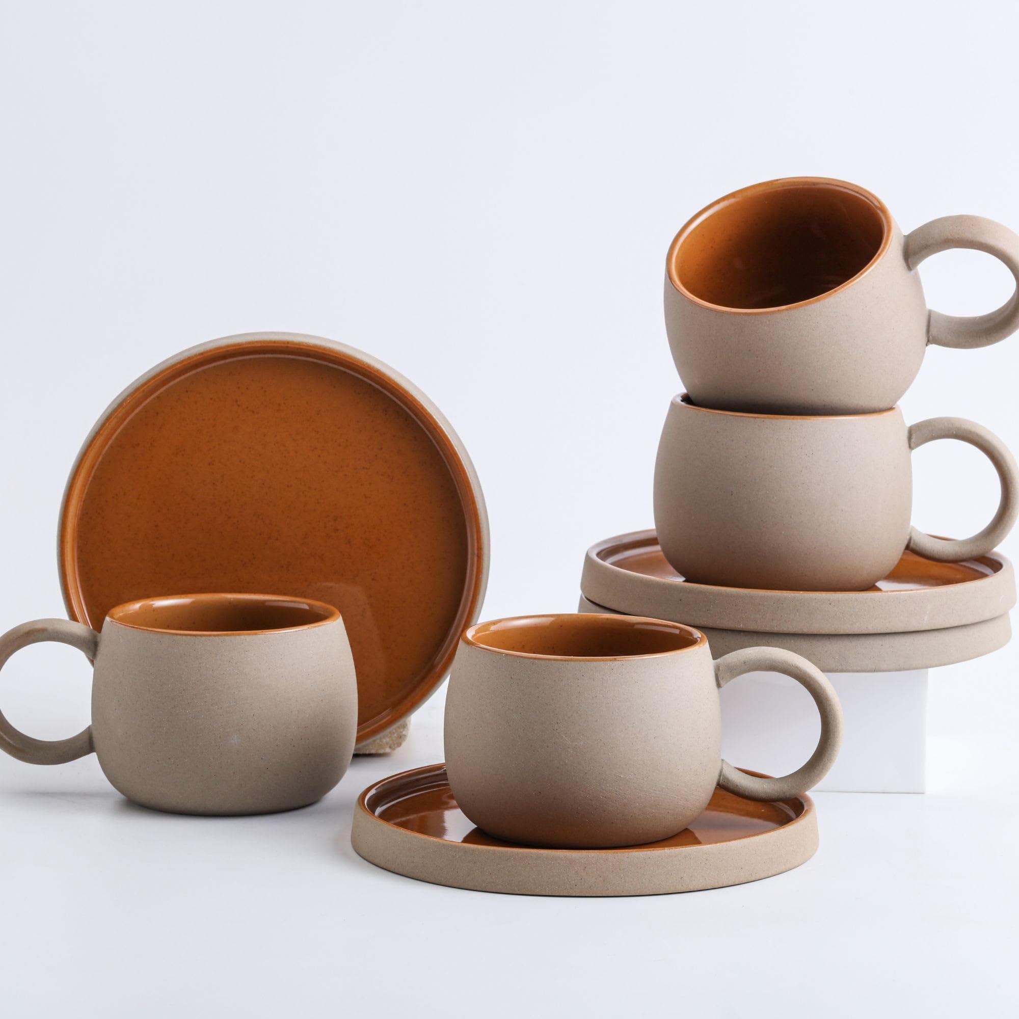 Amazon.com | Elegant 4-Piece Brown Ceramic Coffee Cups and Saucers Set ...