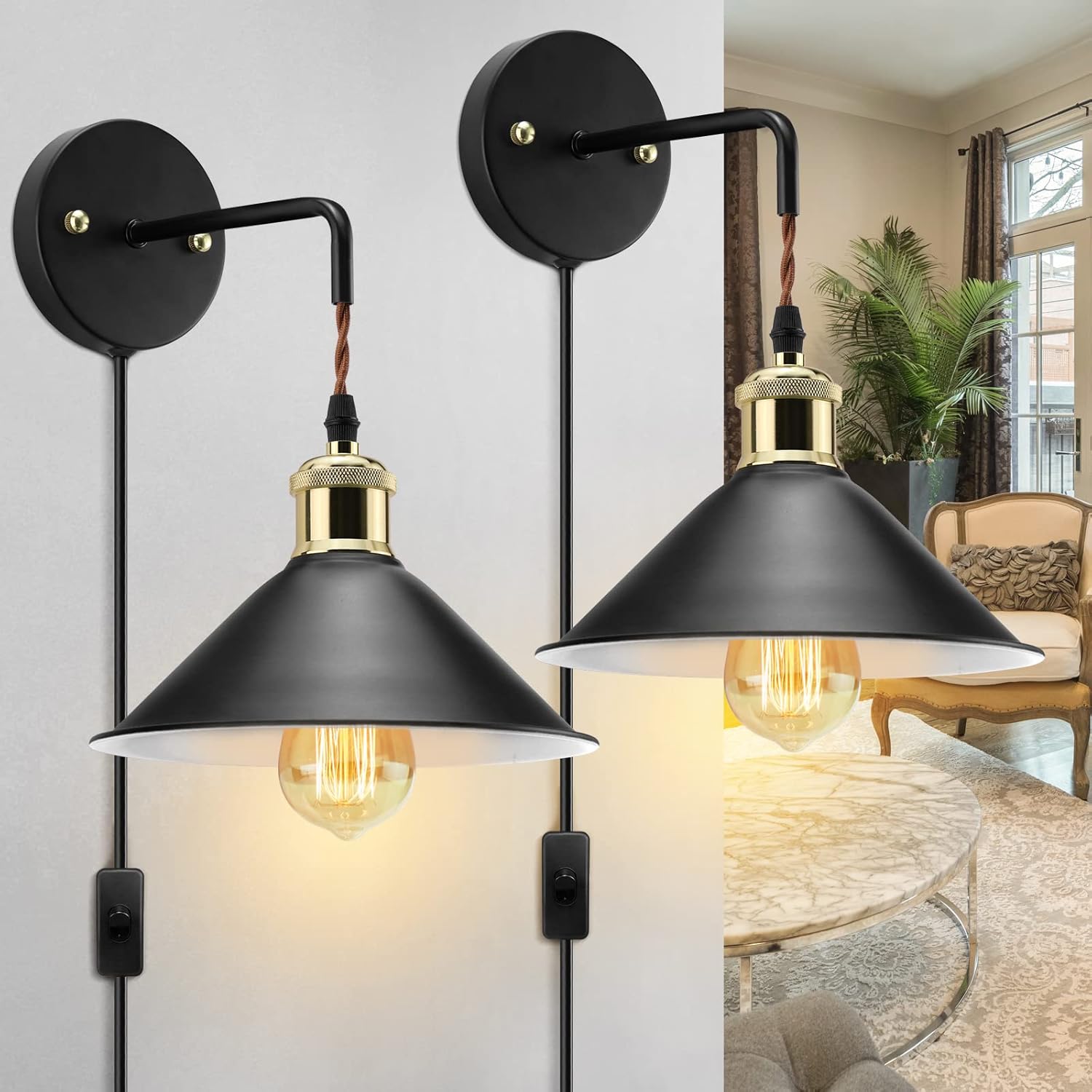 Amazon.com: KEWANNO Plug in Wall Sconces, 2PACK Wall Lamp with Plug in ...