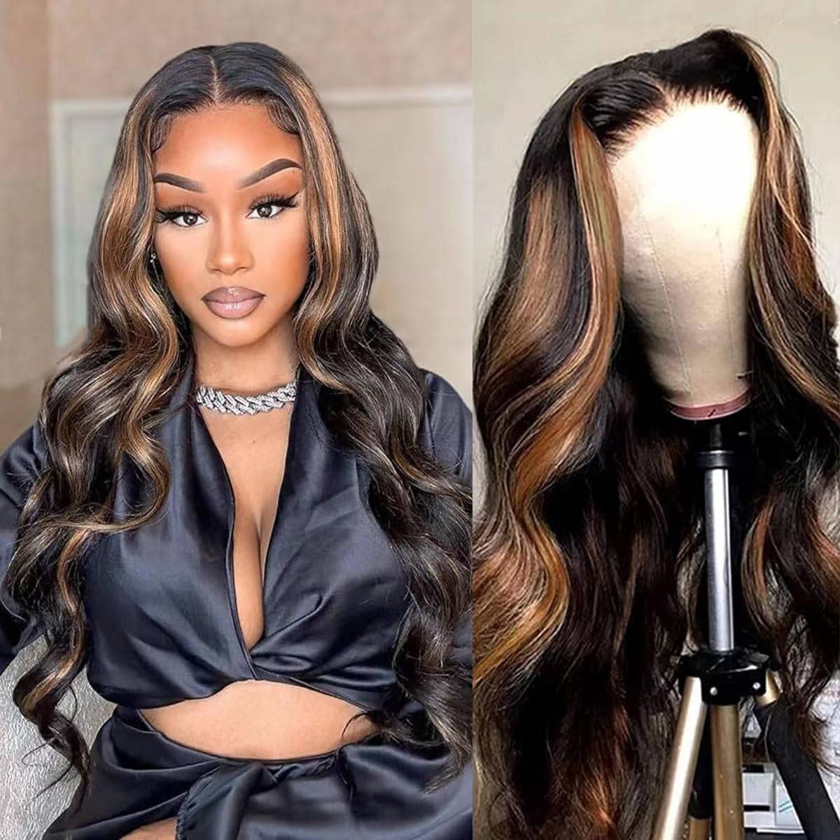 Amazon.com : Glegov Highlight Lace Front Wigs Human Hair 16 Inch Body ...
