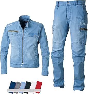 Amazon.co.jp: [寅壱] デニム 上下セット 作業服 作業着 春夏用 8970-554 ライダースジャケット ＆ 8970-219 カーゴパンツ タオル(ネームロゴ入り) 1本付 ...