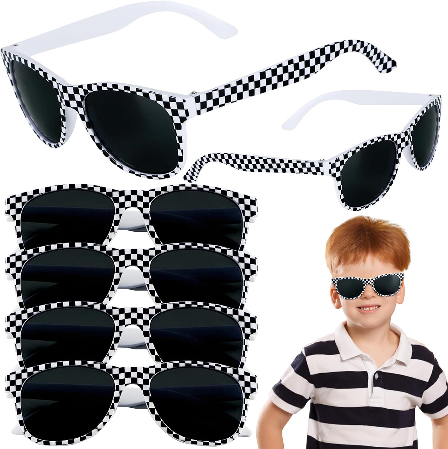 Amazon.com: 6 Pack Race Car Checkered Sunglasses White Black Frame ...