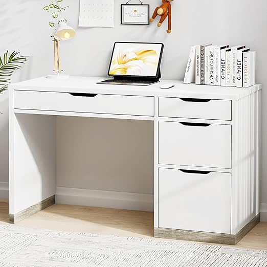 Amazon.com: MaverickFurni White Desk with 4 Drawers, Small Desk with ...
