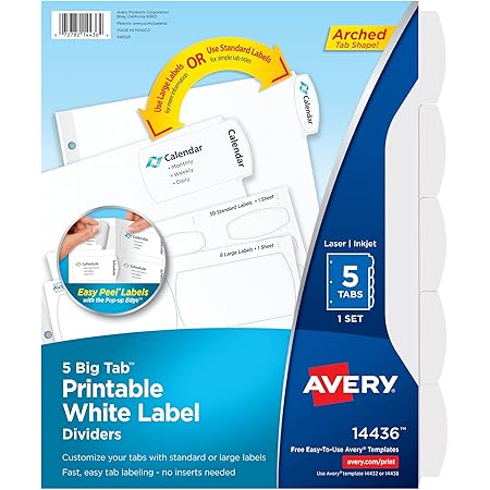 Amazon.com : Avery 14433 Easy Peel White Label Tab Dividers 8-Tab 6/Pk ...