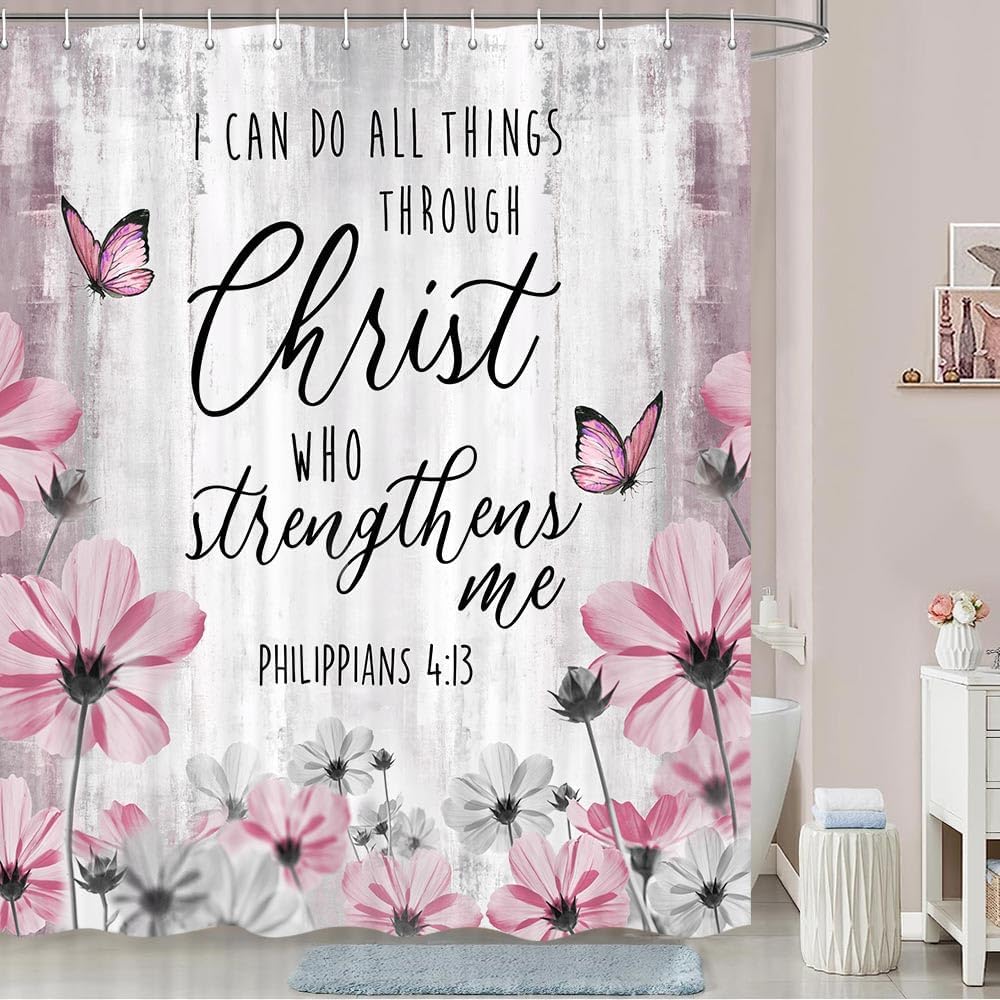 Amazon.com: Bible Verse Shower Curtain, Pink Floral Daisy Shower ...