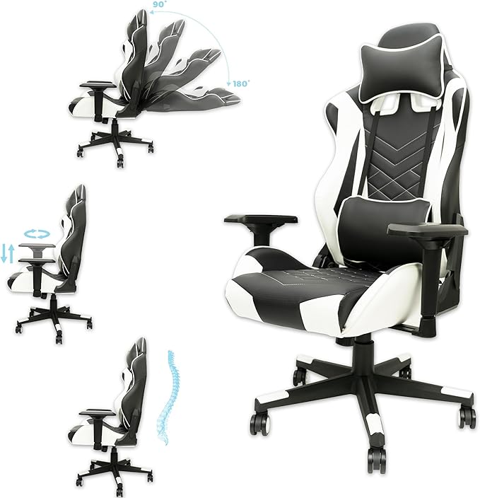 White Gaming Chair - Adjustable Video Game Chairs with PU Leather ...