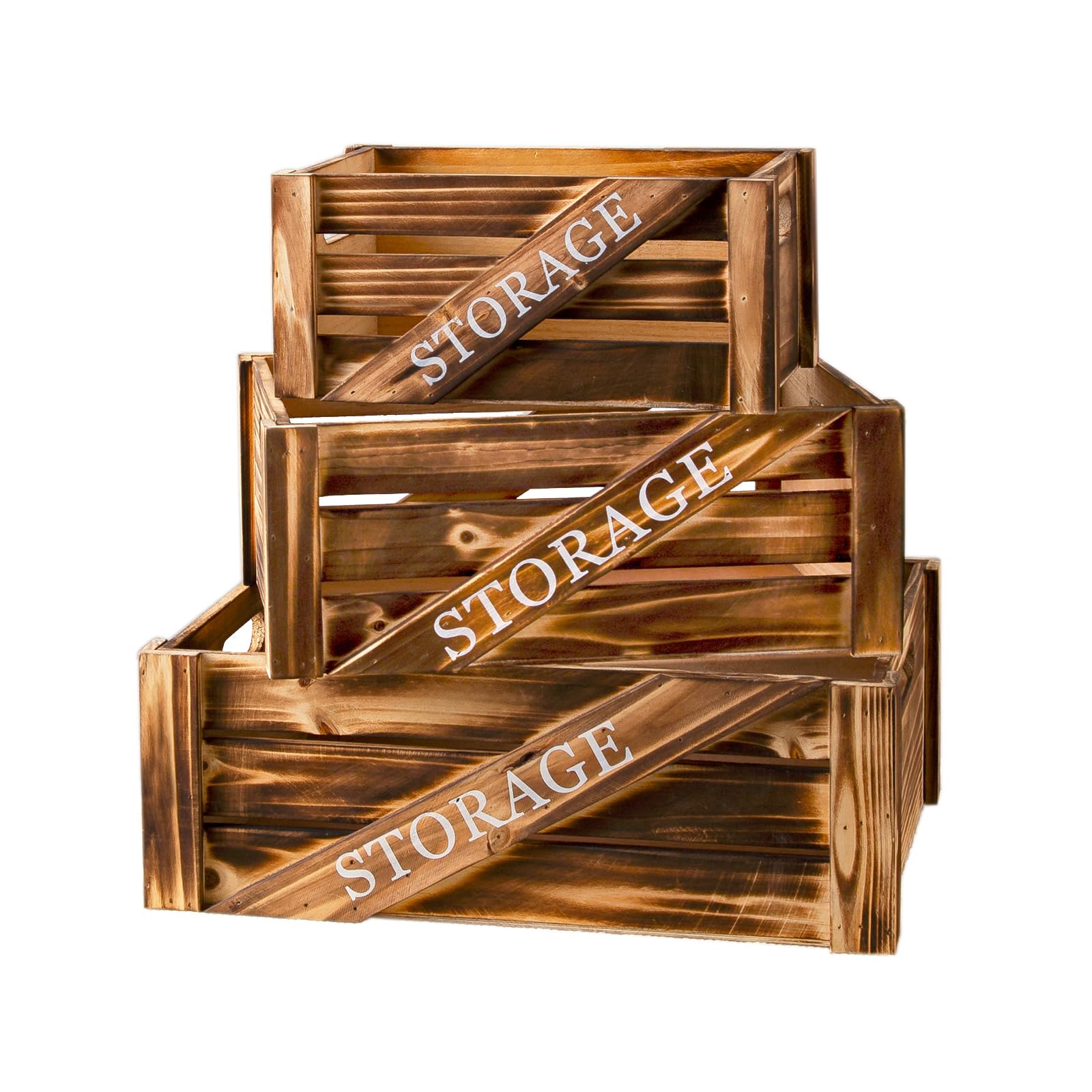 Set of 3 Large Decorative Burnt Wood Wooden Crates, Rustic Nesting ...