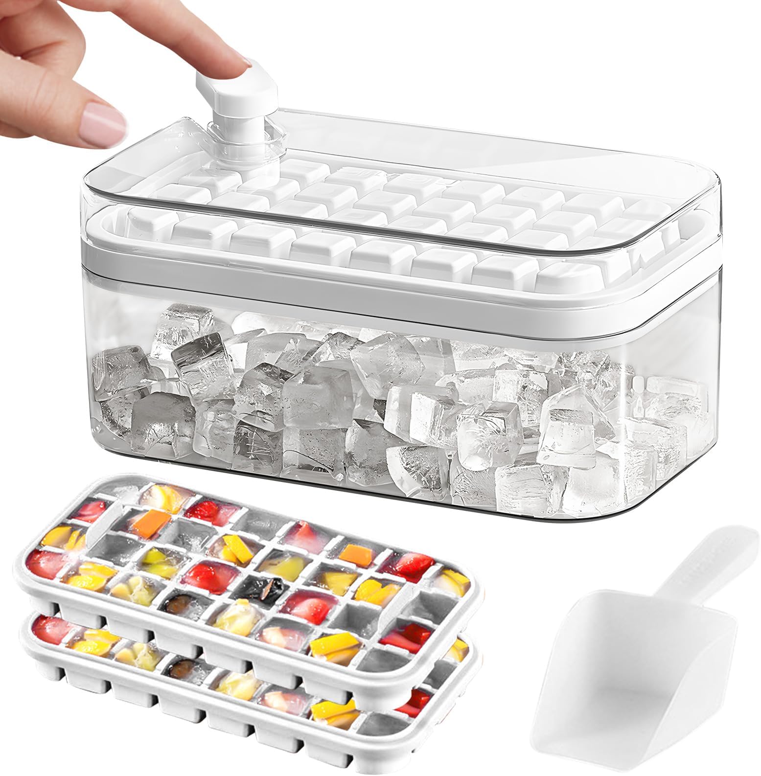 Ice Cube Tray with Lid and Storage, 64 Ice Cubes Mould with Bin & Scoop ...