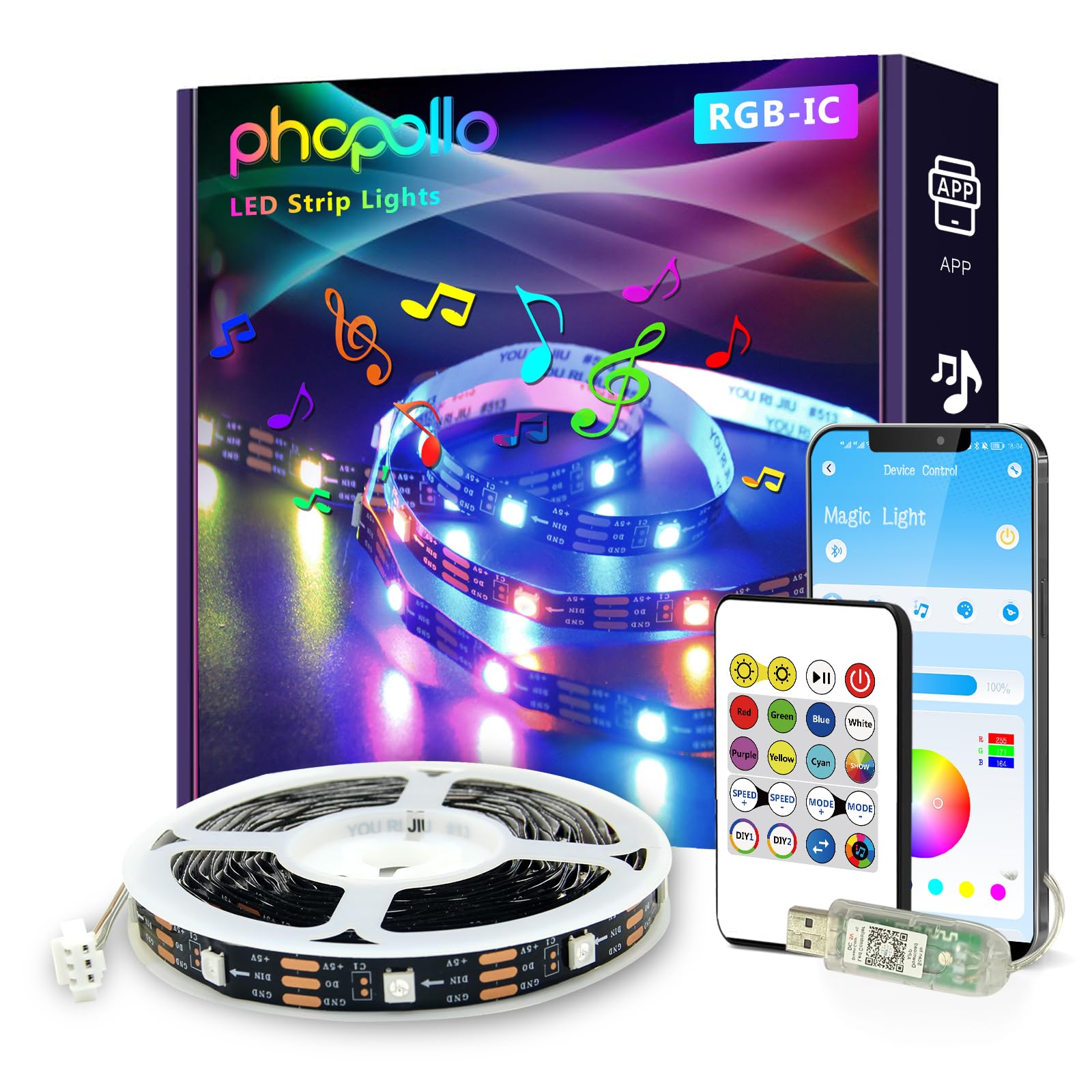 Amazon.com: phopollo RGB Smart IC LED Strip Lights, 16.4ft Addressable ...