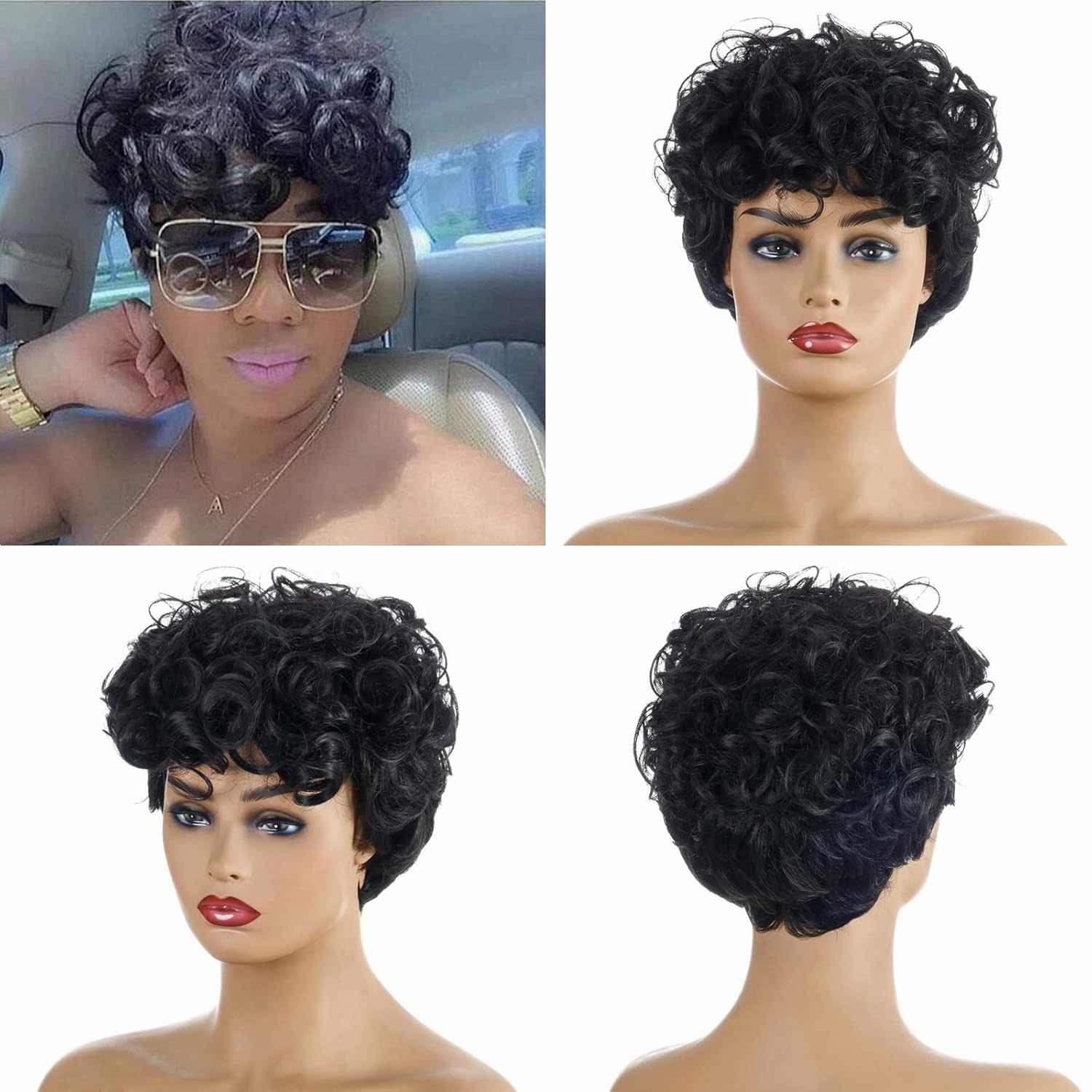 Amazon.com : Airimori Short Curly Black Wig with Bangs Cropped Wigs for ...