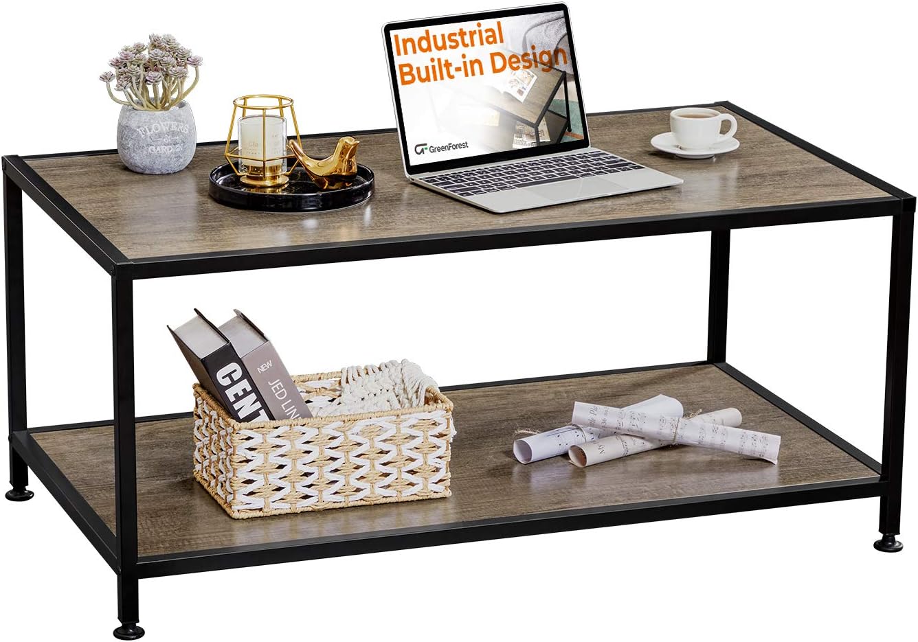 Amazon.com: GreenForest Coffee Table Industrial with 2 Tier Storage ...
