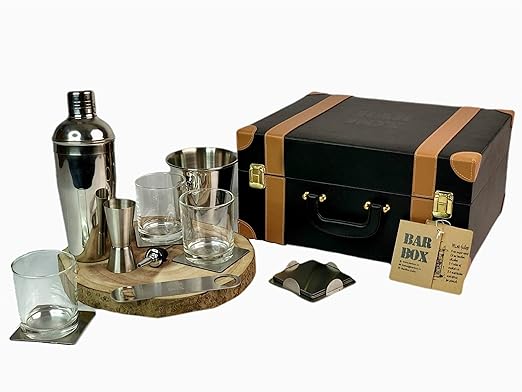 Buy Bar Box Portable Bar Set with 3 Whiskey Glasses, Cocktail Shaker ...
