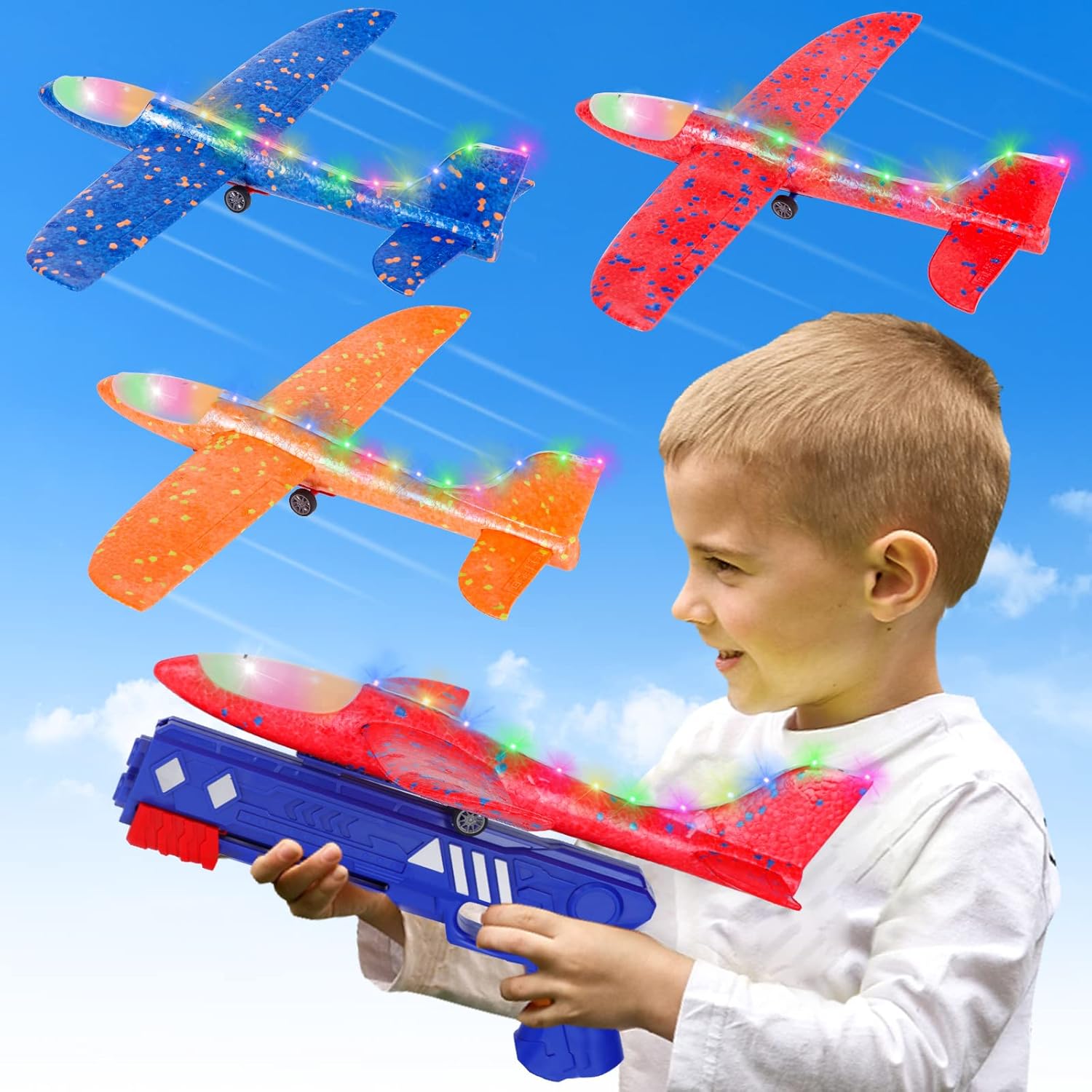 Refasy 3 Pack Airplane Launcher Toys, 2 Flight Mode LED Glider Catapult ...