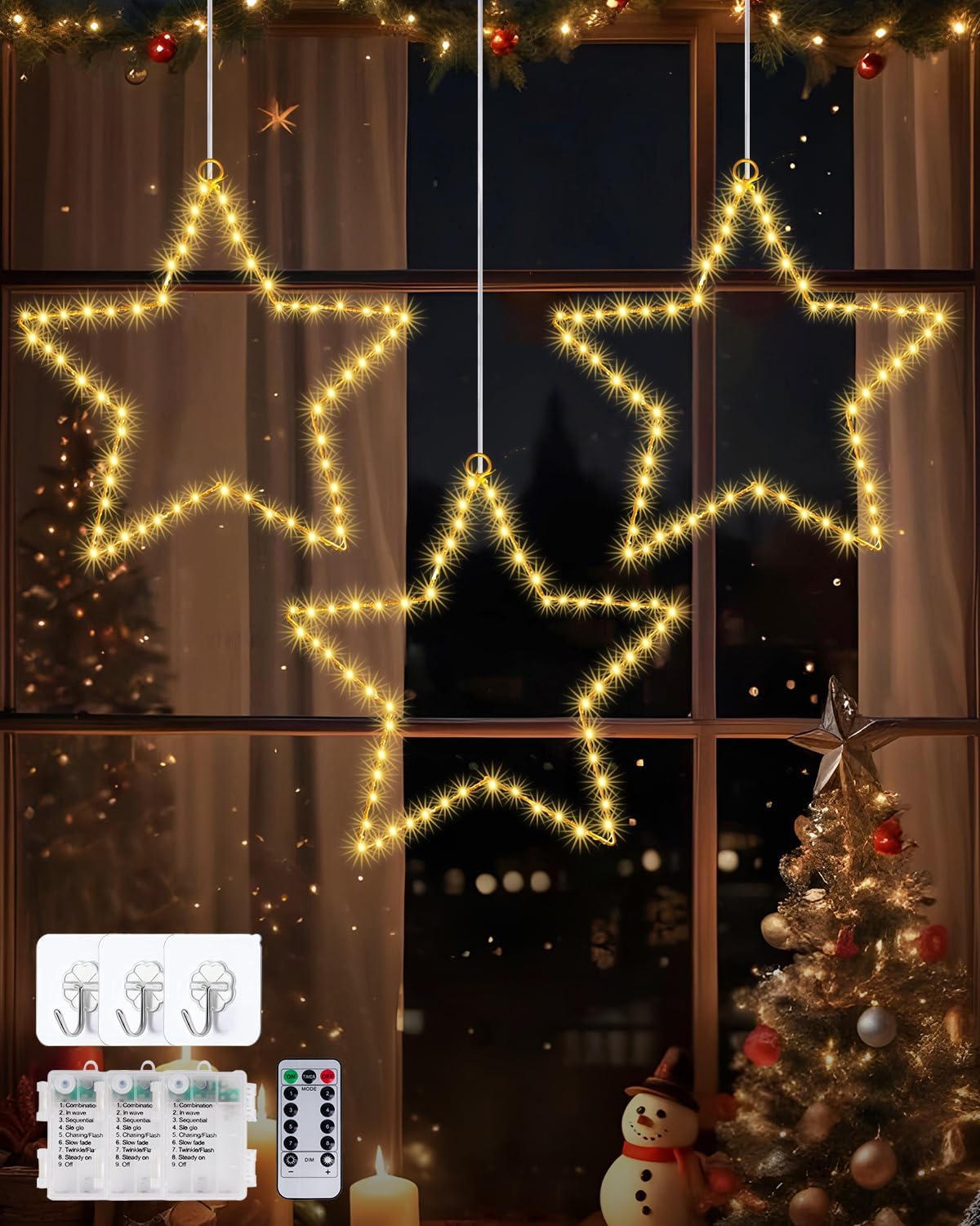 Christmas Window Lights, 3PCS Christmas Star Window Lights Battery ...