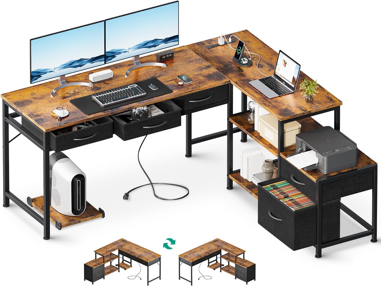 Amazon.com: VEDECASA Corner L Shaped Gaming Computer Desk with Power ...