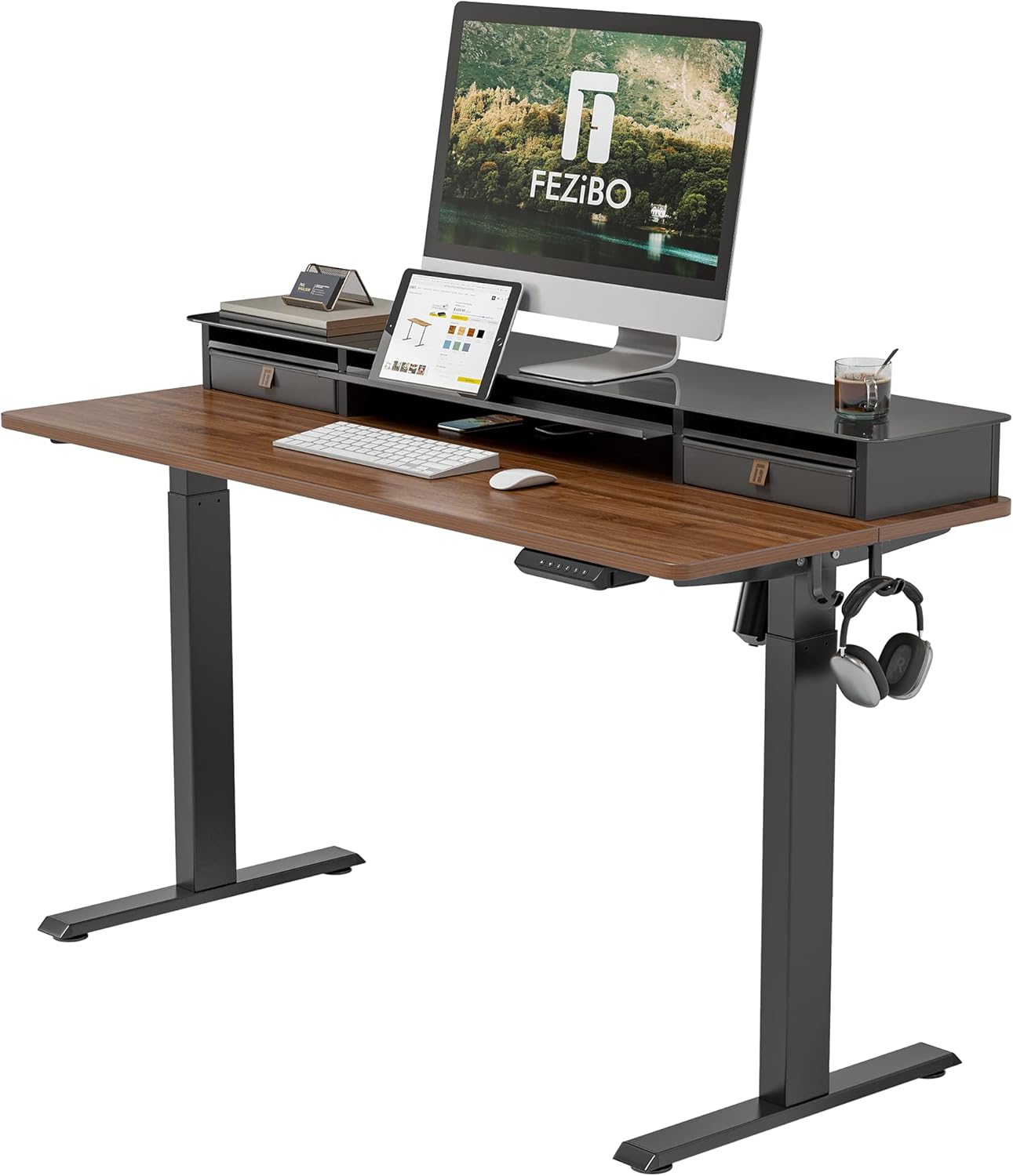 FEZIBO Electric Standing Desk with Glass Top Monitor Stand,120 * 67cm ...