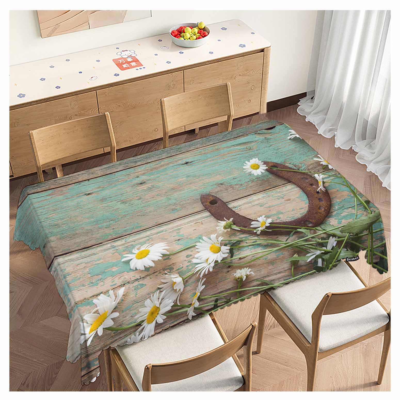 Amazon.com: Beabes Daisy Dinner Table Cloths Rustic Wooden Horseshoe ...