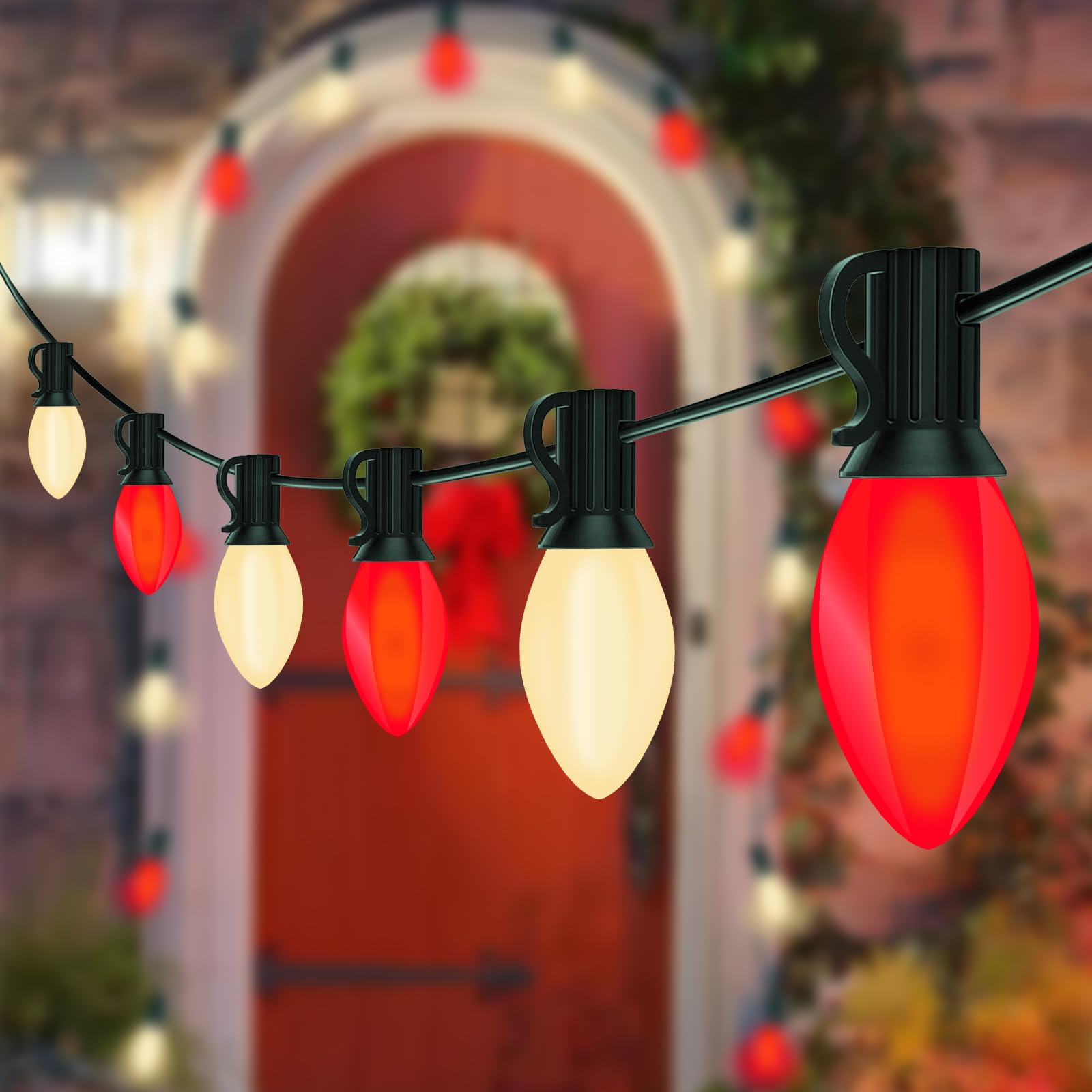 C7 LED Red and White Christmas Lights, 25Ft Outdoor Christmas String ...