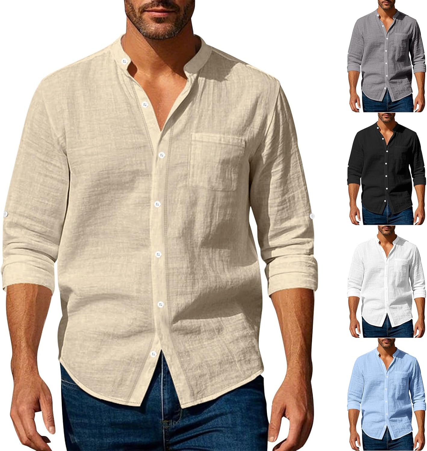 Amazon.com: Mens Dress Shirts Long Sleeve Cotton Linen Collarless ...