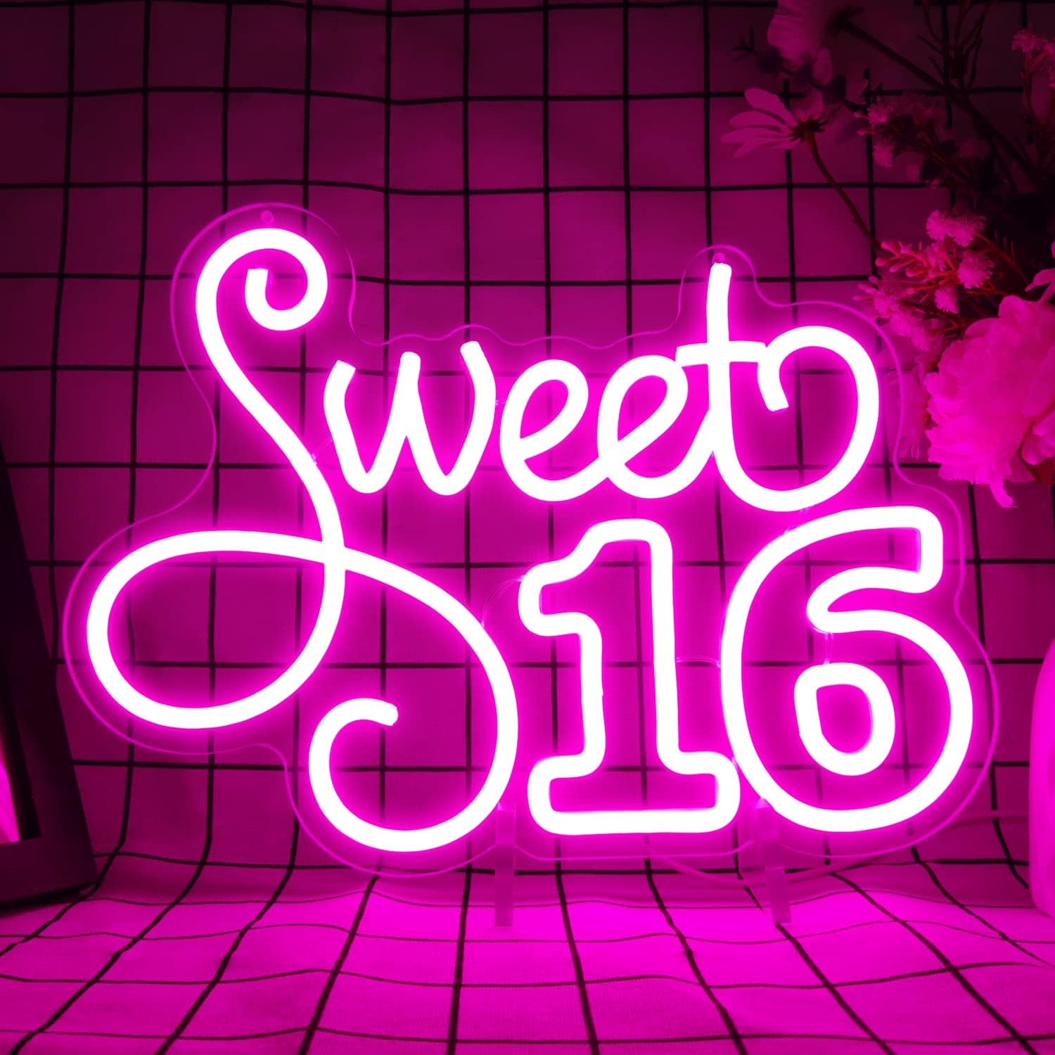 Amazon.com : JanHune Pink Sweet 16 Neon Sign, Plastic, 13.39x9.84 ...