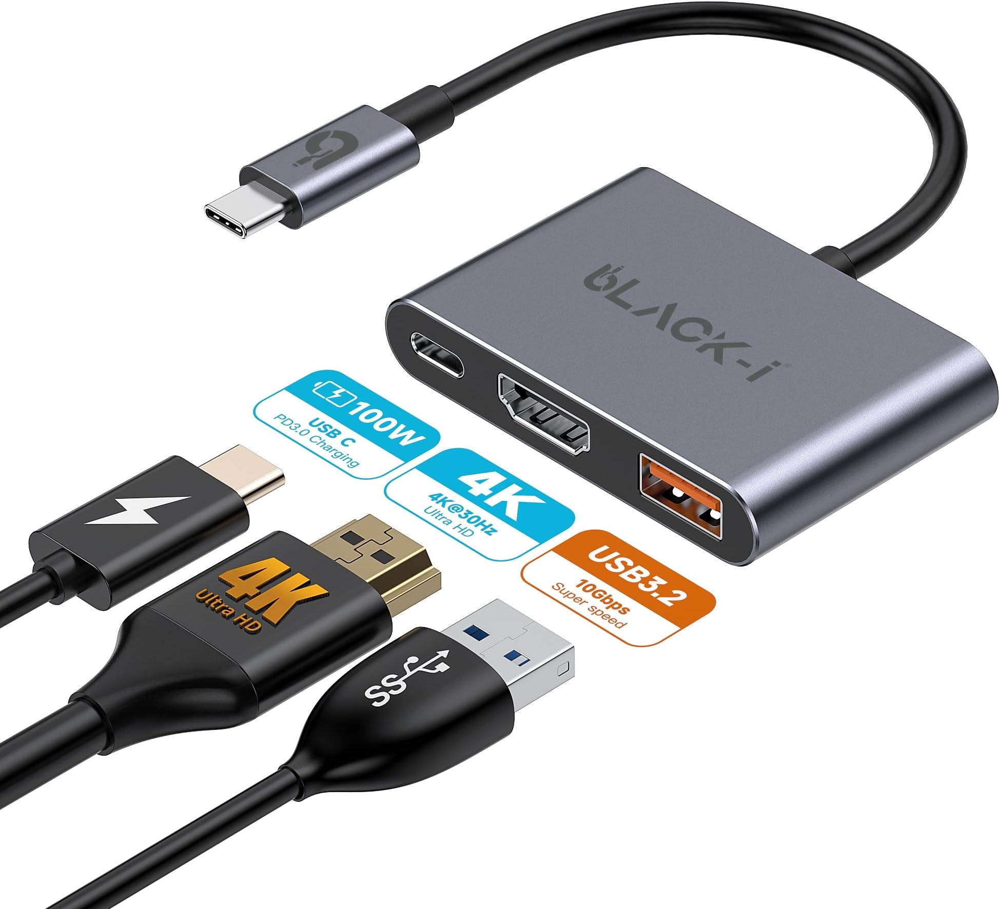 Black-i USB C 3-in-1 Hub with 4k HDMI, USB 3.2 with 10 Gbps and 100 ...