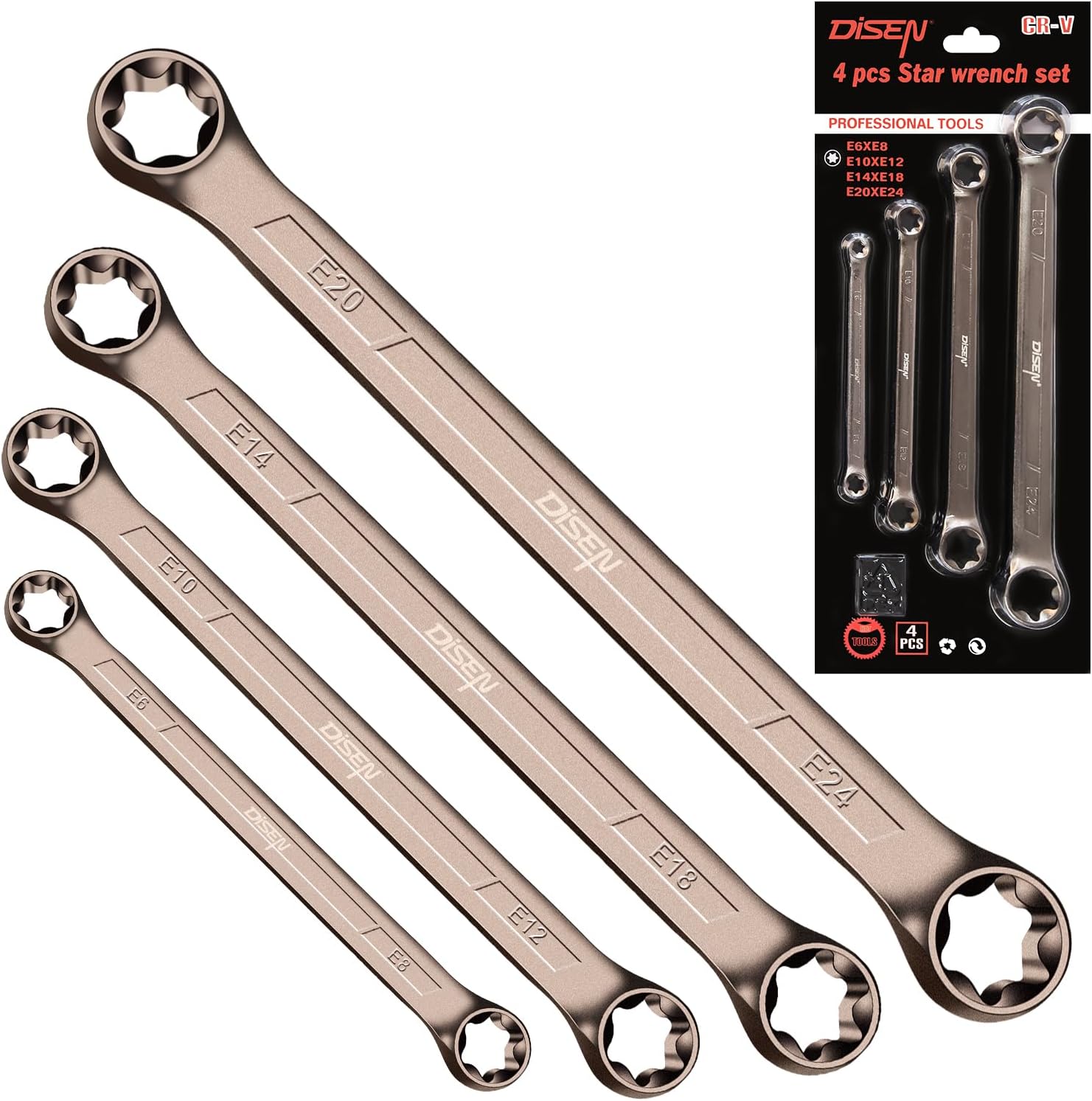 DISEN 2025 Upgraded 4-Piece E-Torx Wrench Set, Double Box End Wrench Set, CR-V Steel, Including ...