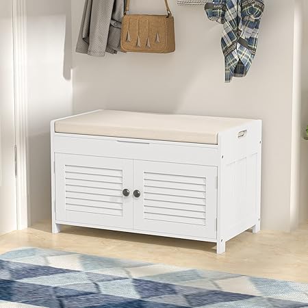 Amazon.com: Sturdis Shoe Storage Bench White - Cushion Seat ...