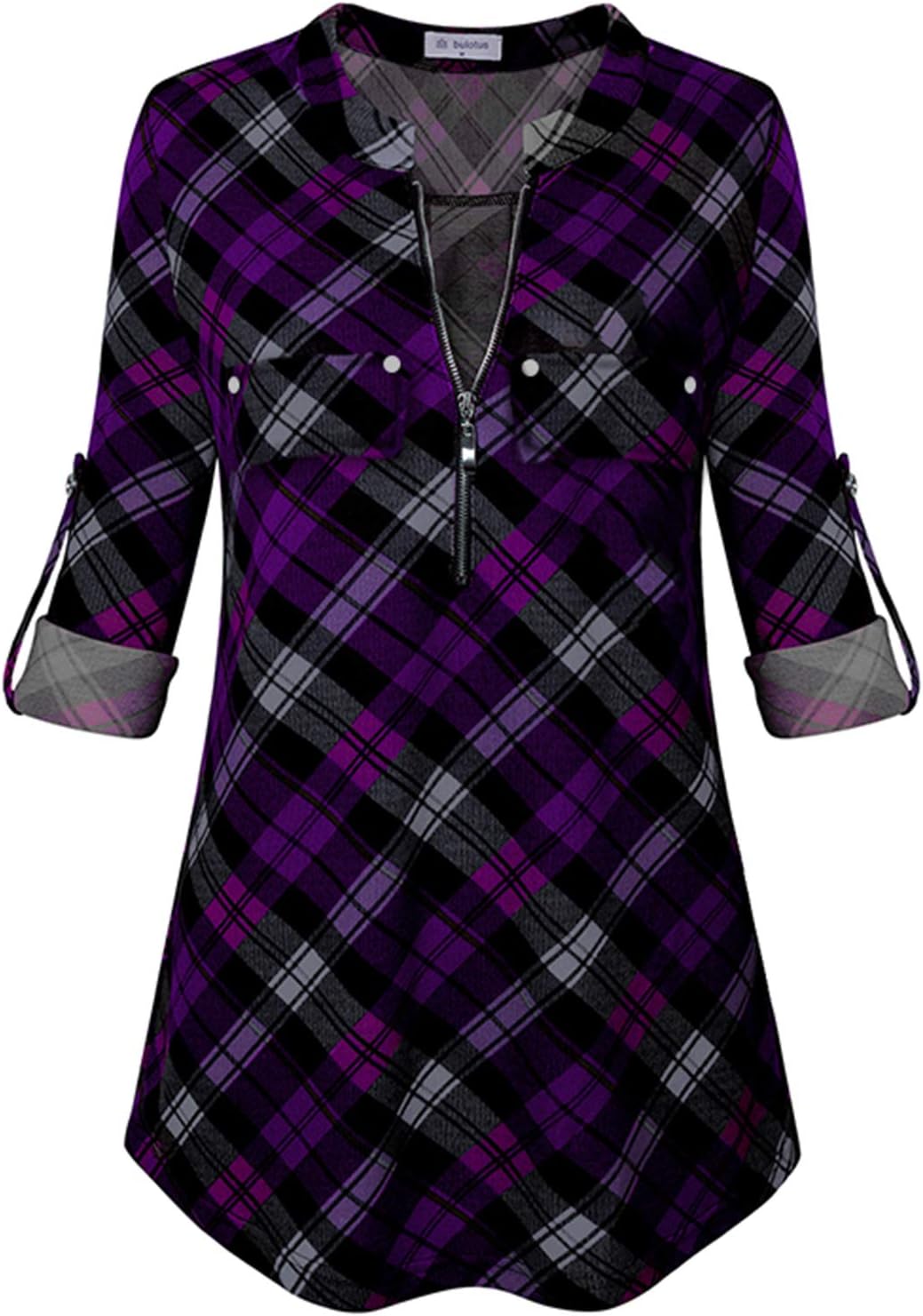 Bulotus Women's Zip Front V-Neck 3/4 Sleeve Tunic Casual Top at Amazon ...