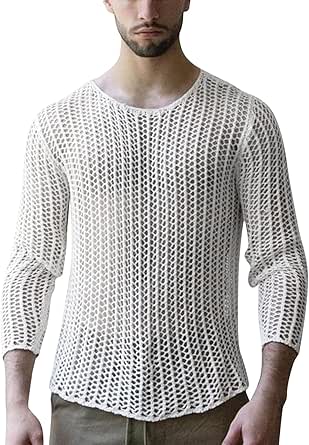 Mens Tops Mesh Knitted See Through Fishnet Fitted Long Sleeve Muscle ...