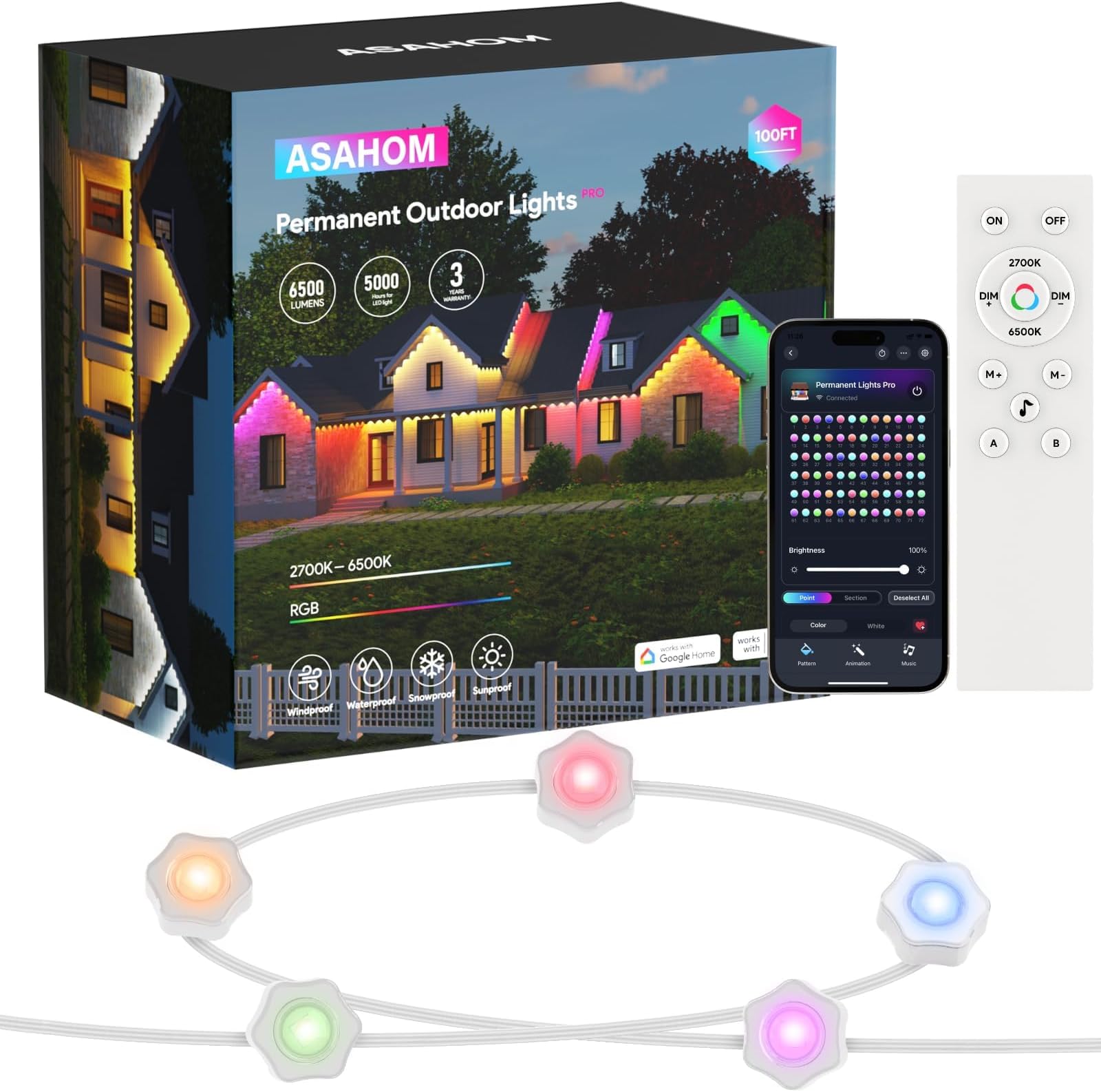 ASAHOM Permanent Outdoor Lights Pro, 100ft with 72 RGBCW LED Smart Eave ...