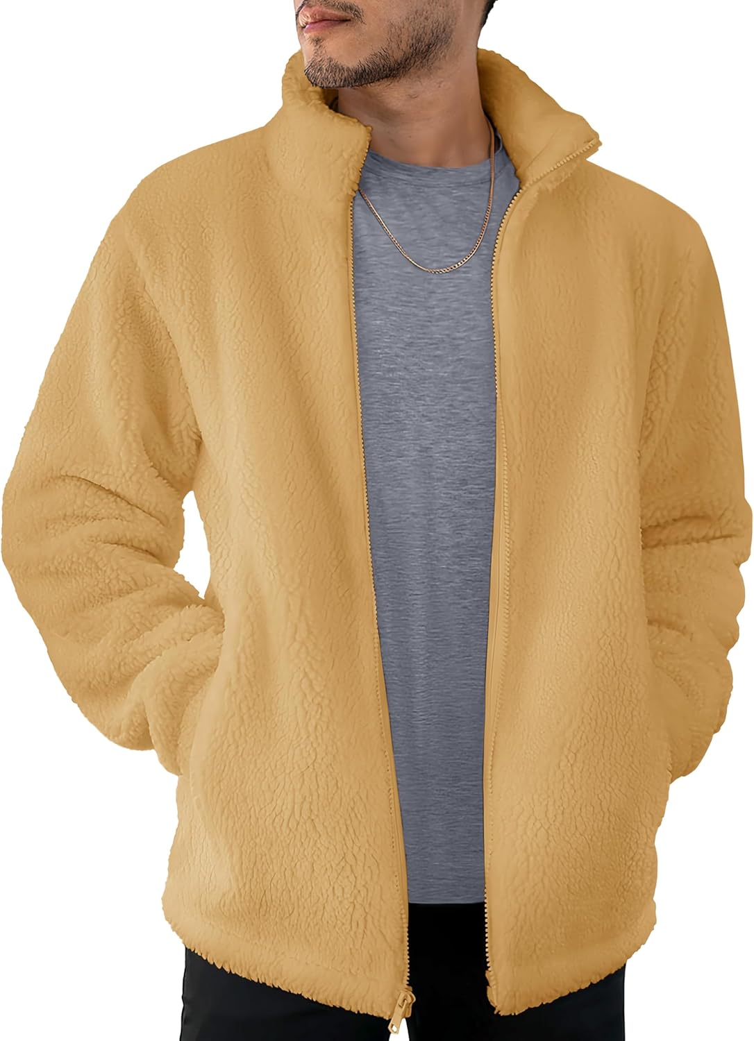 MAGCOMSEN Men's Fluffy Fuzzy Sherpa Fleece Jacket Full Zip Stand Collar ...