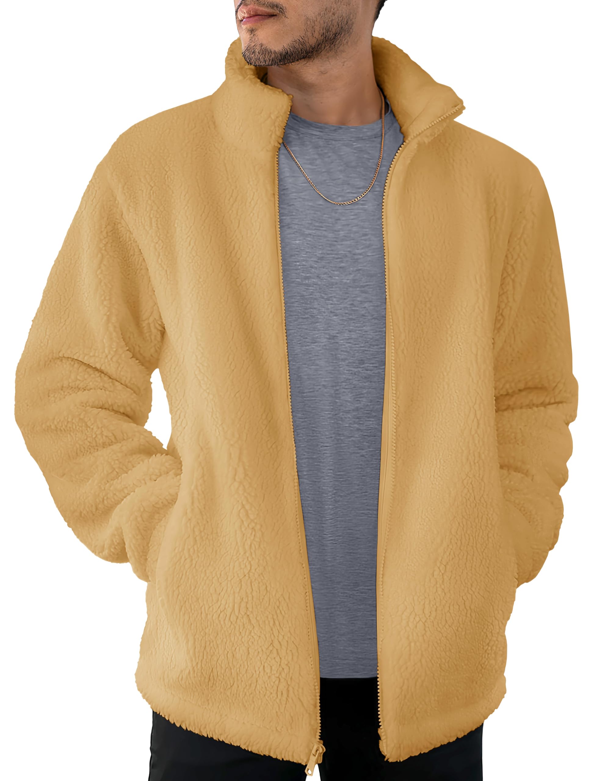 MAGCOMSEN Men's Fluffy Fuzzy Sherpa Fleece Jacket Full Zip Stand Collar ...